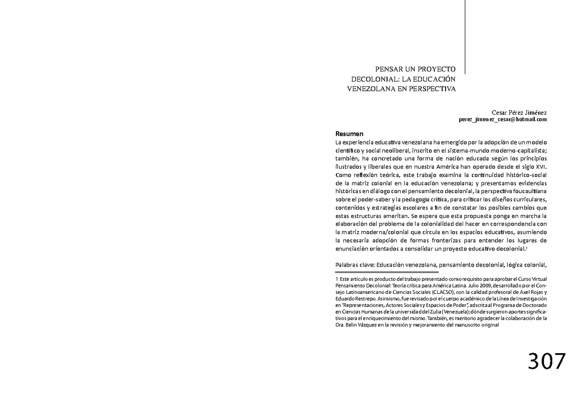 Dialnet-Pensar Un Proyecto Decolonial-7860387 - 307 PENSAR UN PRoyECTo DECoLoNIAL: LA EDUCACIÓN ...