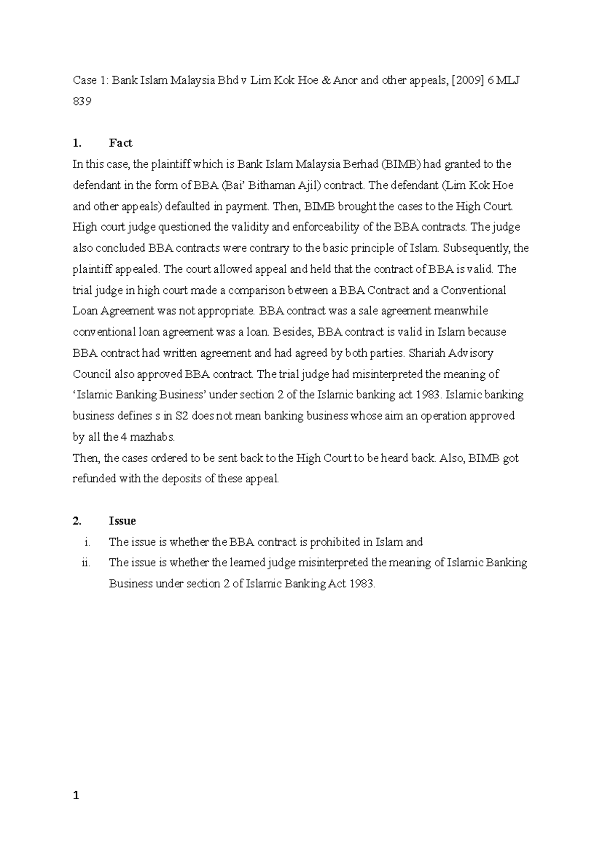 Case resolution SAC - Case 1: Bank Islam Malaysia Bhd v Lim Kok Hoe ...