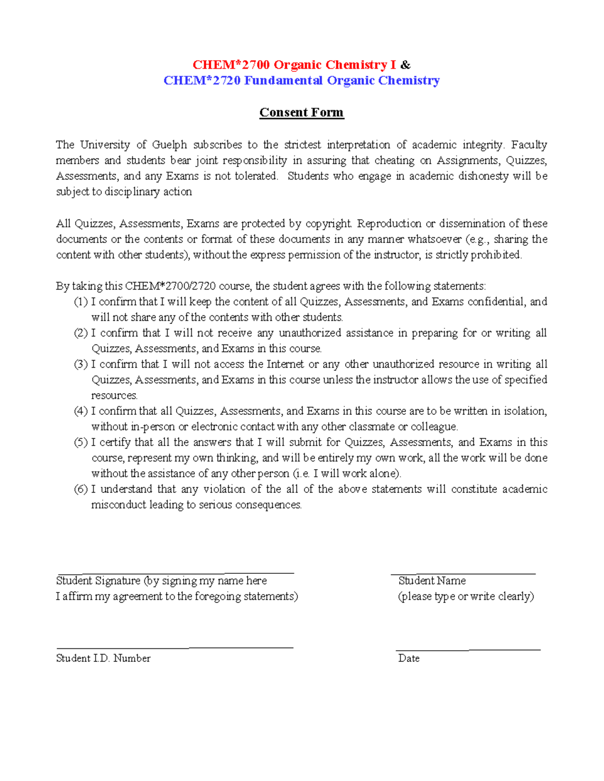CHEM2700-CHEM2720-Consent Form - CHEM*2700 Organic Chemistry I & CHEM*2720 Fundamental Organic ...