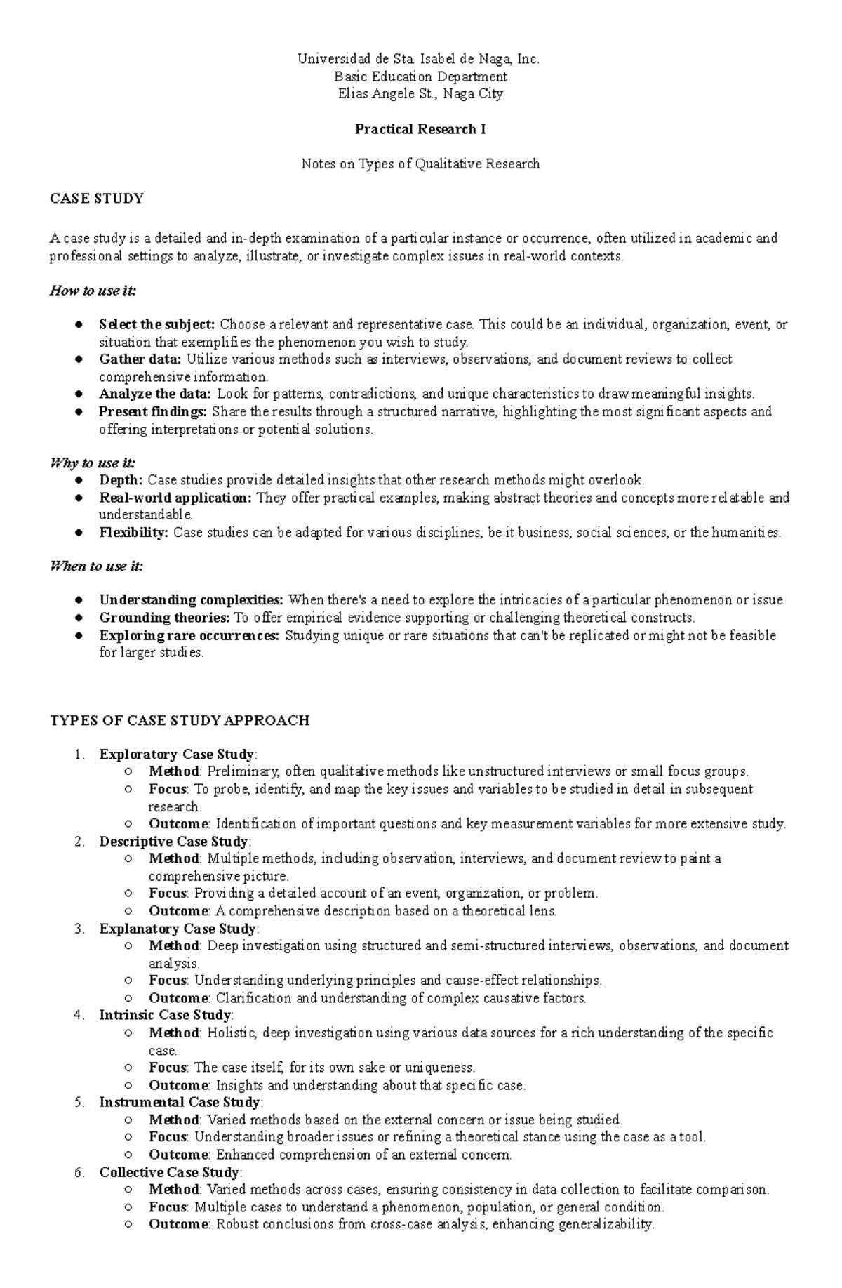 Practical Research 1 Lecture Notes on Types of Qualitative Reserach ...