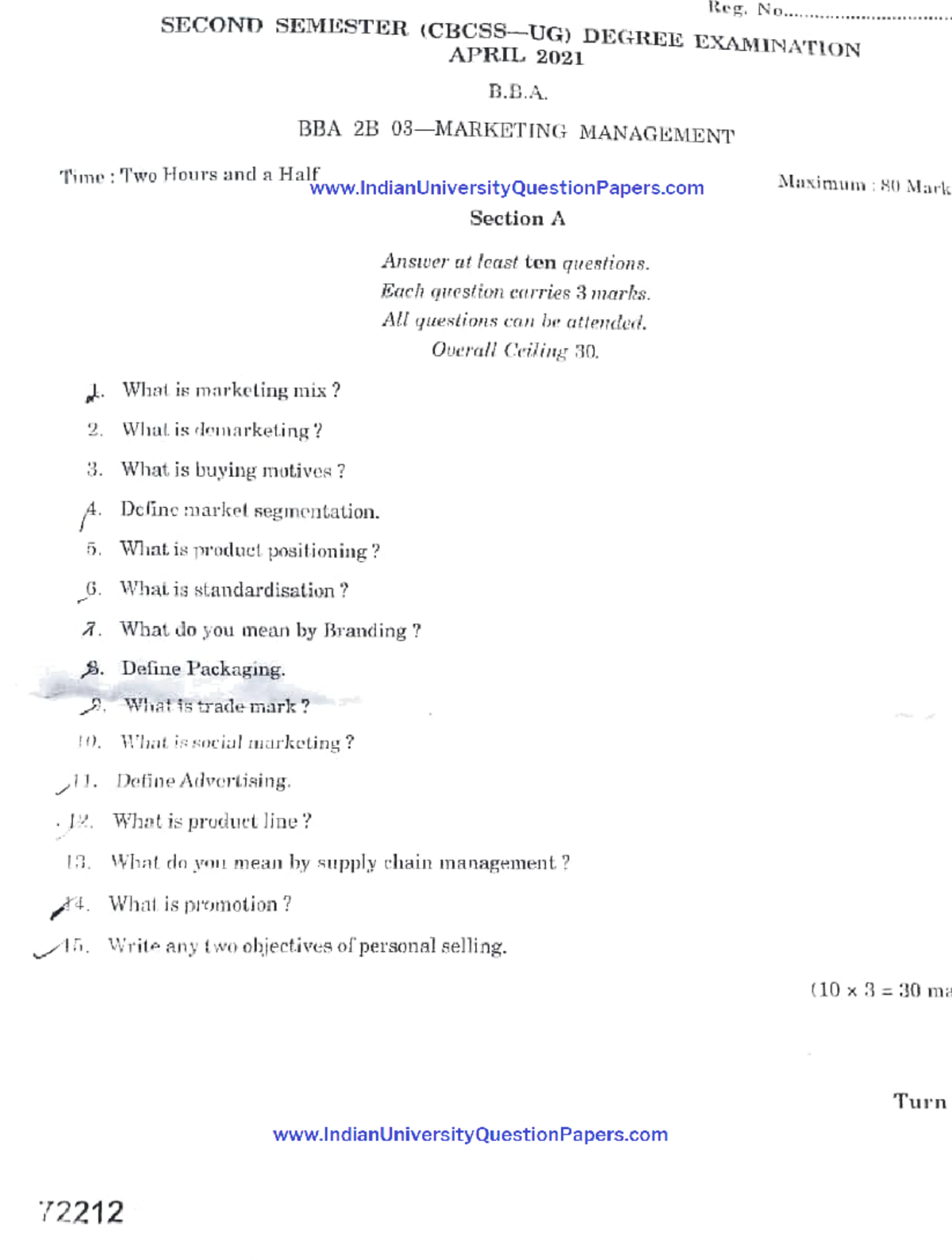 University Of Calicut B B A 2nd Sem Marketing Management April 2021