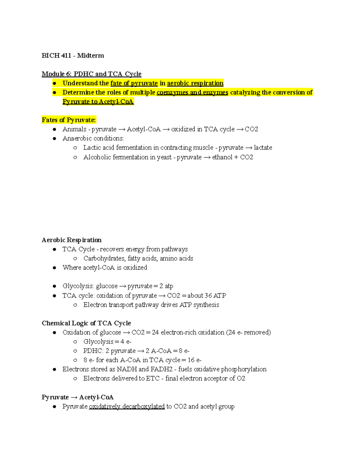 BICH 411 - Midterm - BICH 411 - Midterm Module 6: PDHC and TCA Cycle ...