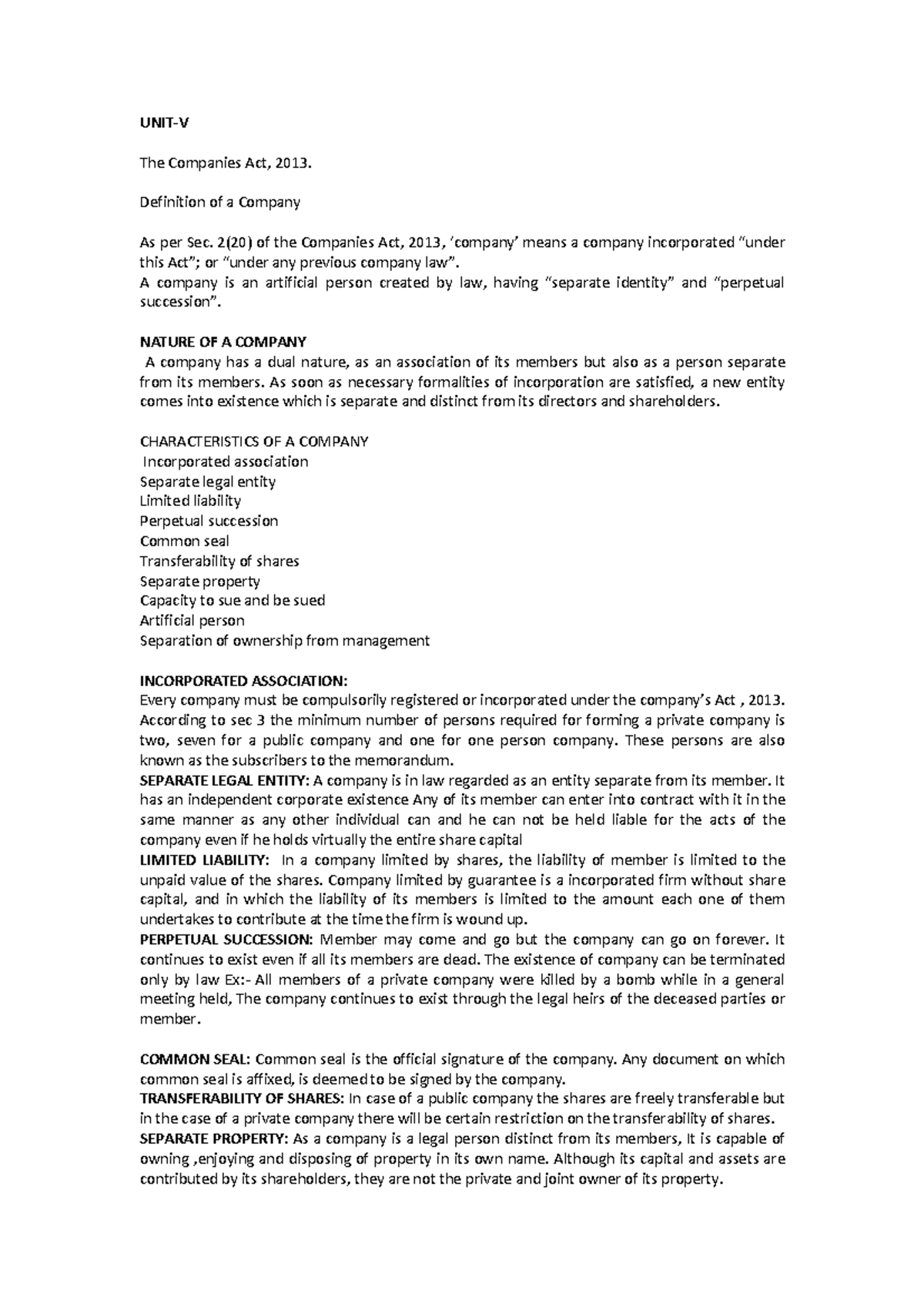 UNIT-V - Jdhdhd - UNIT-V The Companies Act, 2013. Definition of a ...