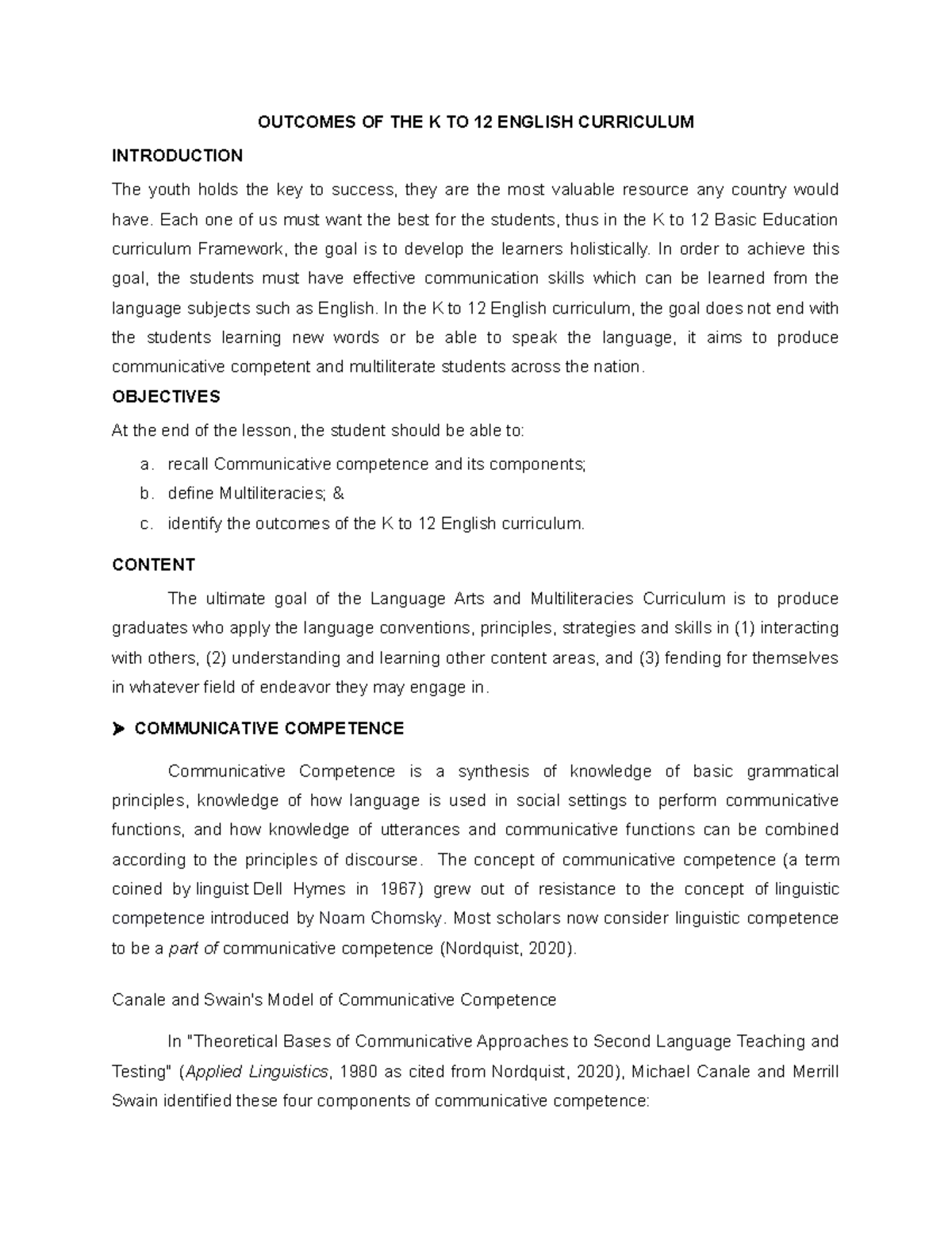 Final Report in Outcomes of k to 12 eng curriculum - OUTCOMES OF THE K ...