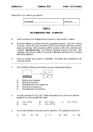CHEM semester test 2022 - CHEM1051A - Studocu