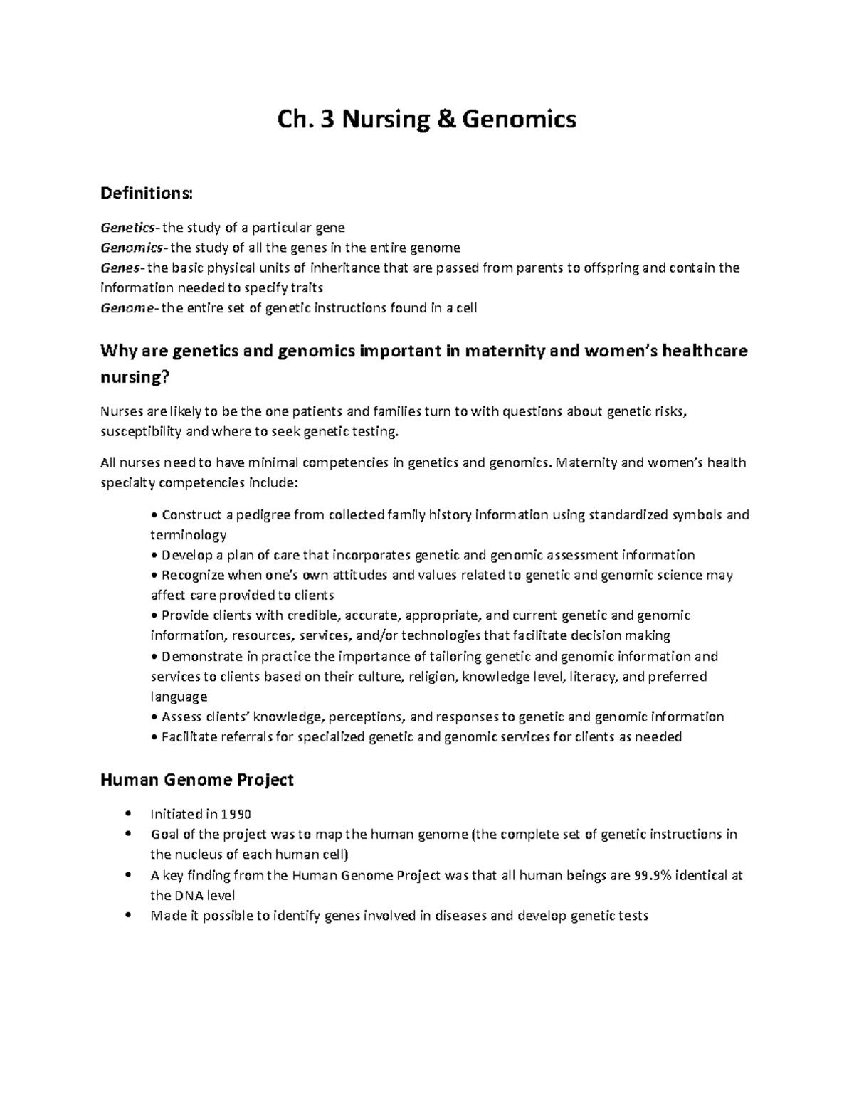 Chapter 3 handout-2 - OB EXAM NOTES - Ch. 3 Nursing & Genomics ...