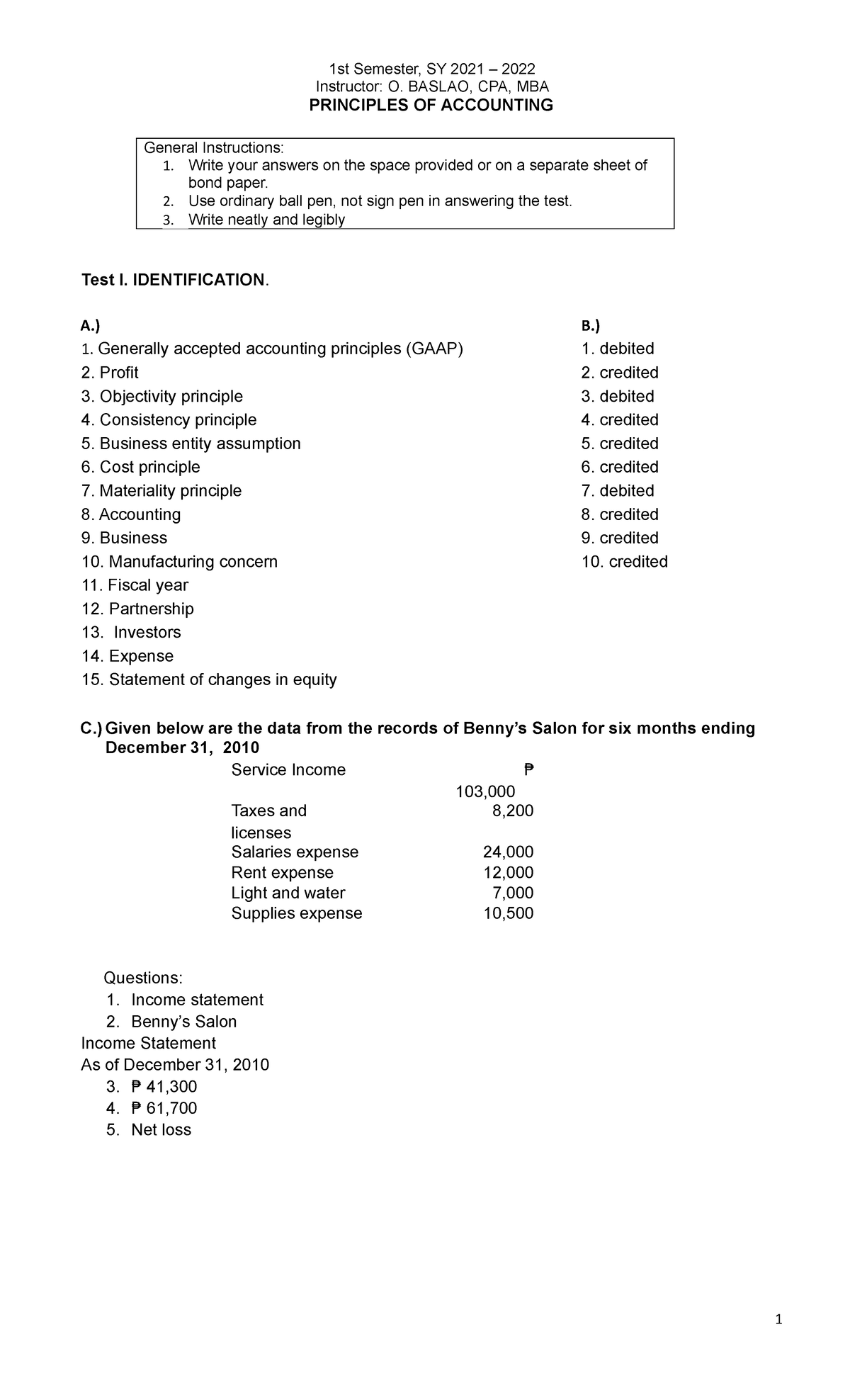 Basic Accounting Finals - 1st Semester, SY 2021 – 2022 Instructor: O ...