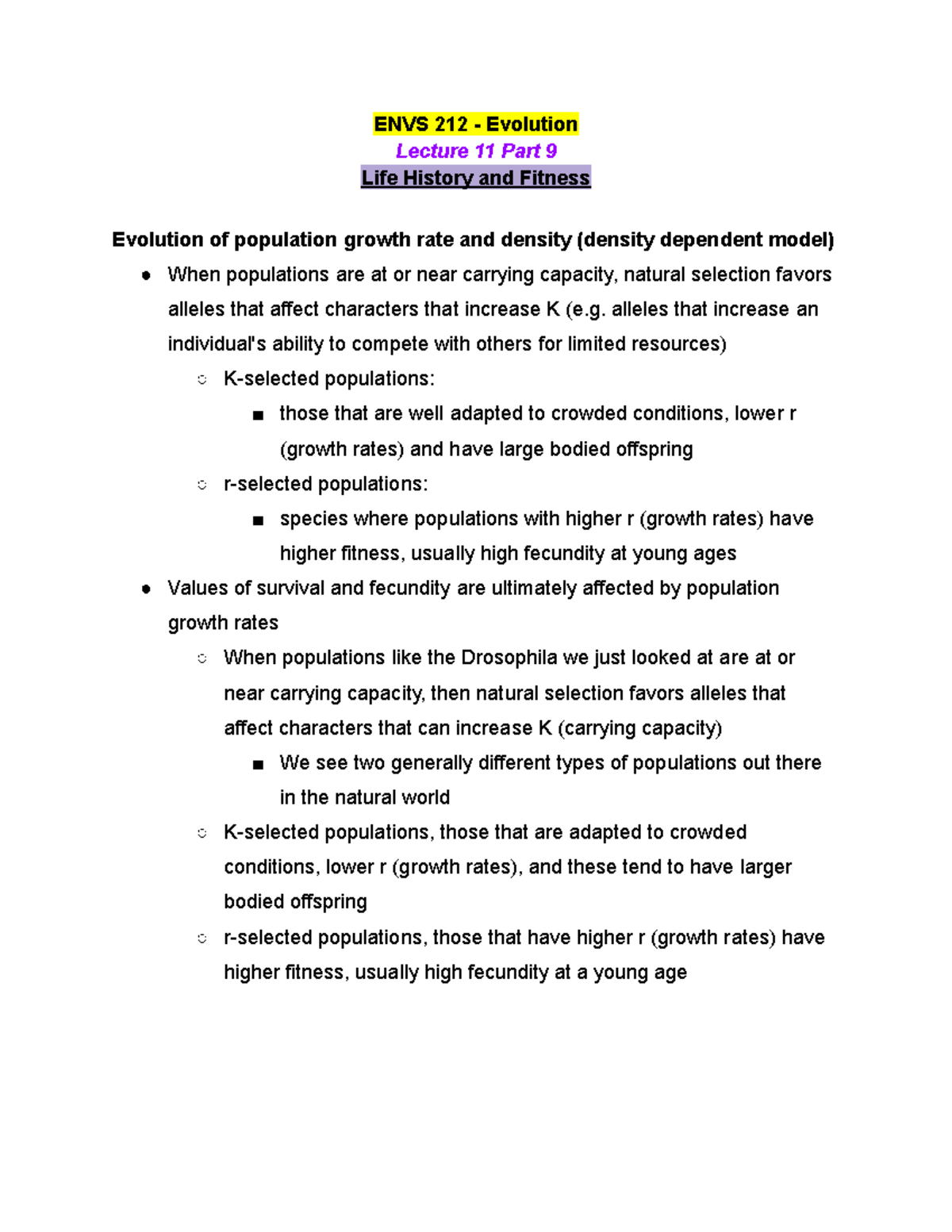 ENVS 212 Lecture 11 Part 9 - Spring 2020 - ENVS 212 - Evolution Lecture 11 Part 9 Life History ...