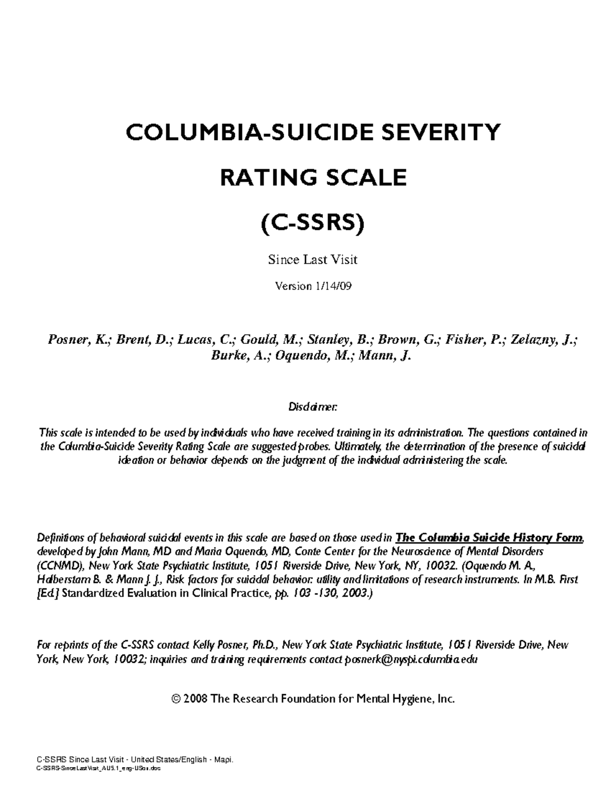 Suicide - Columbia C-SSRS - COLUMBIA-SUICIDE SEVERITY RATING SCALE (C ...