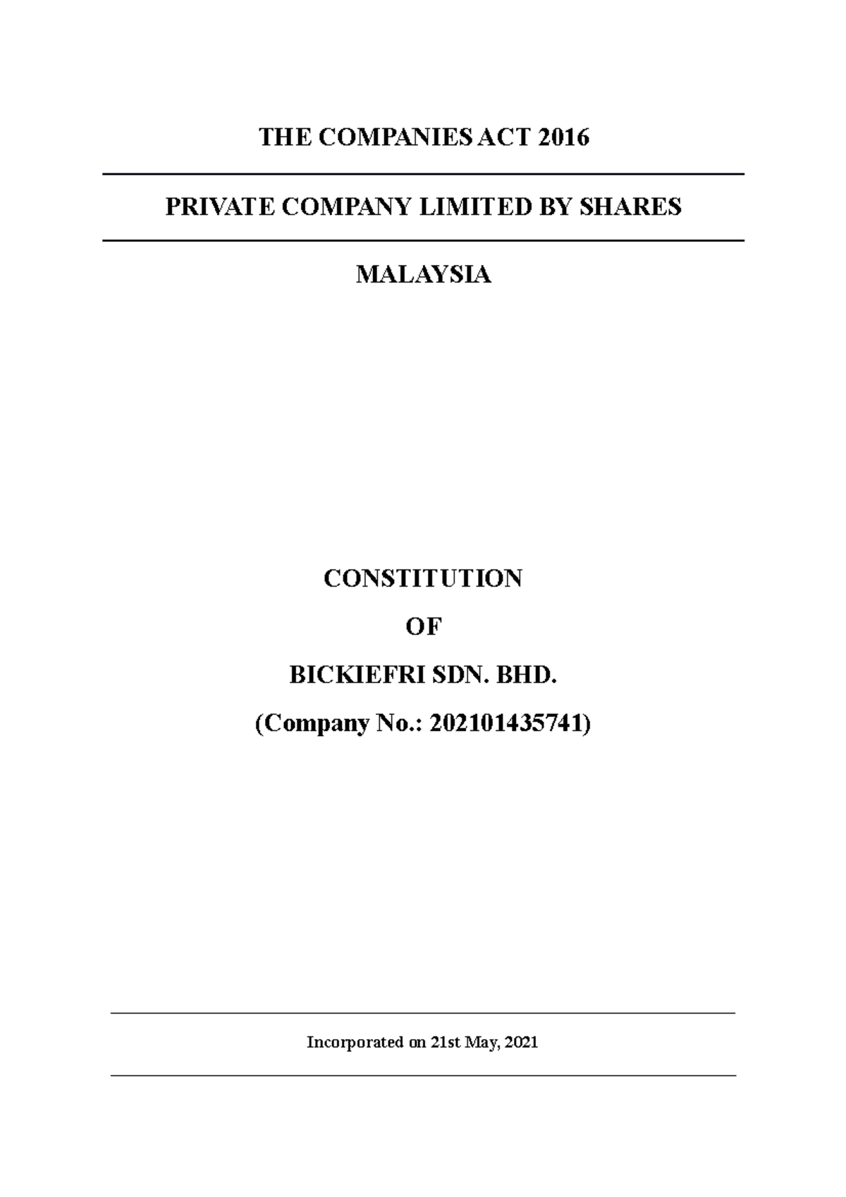 10. Company'S Constitution for conversion from sole prop into private ...