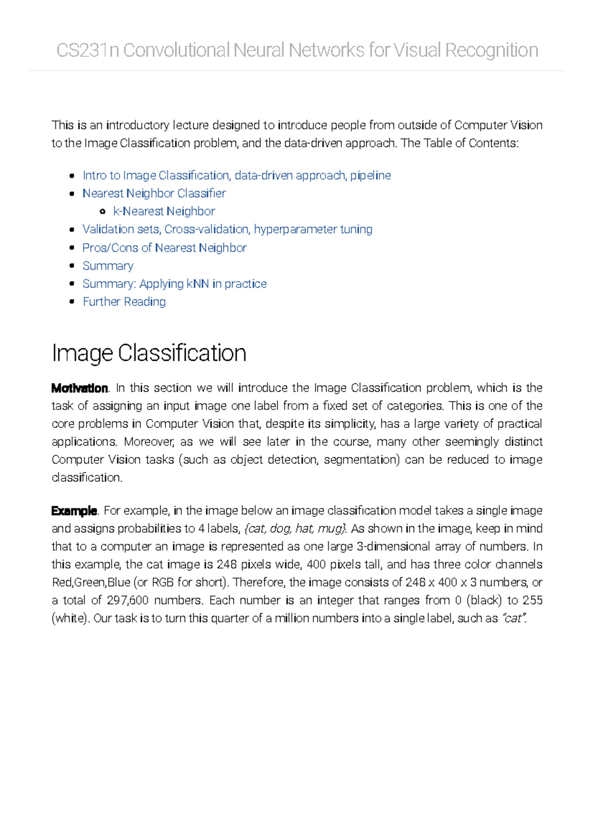 Notes Image Classification - CS231n Convolutional Neural Networks for ...