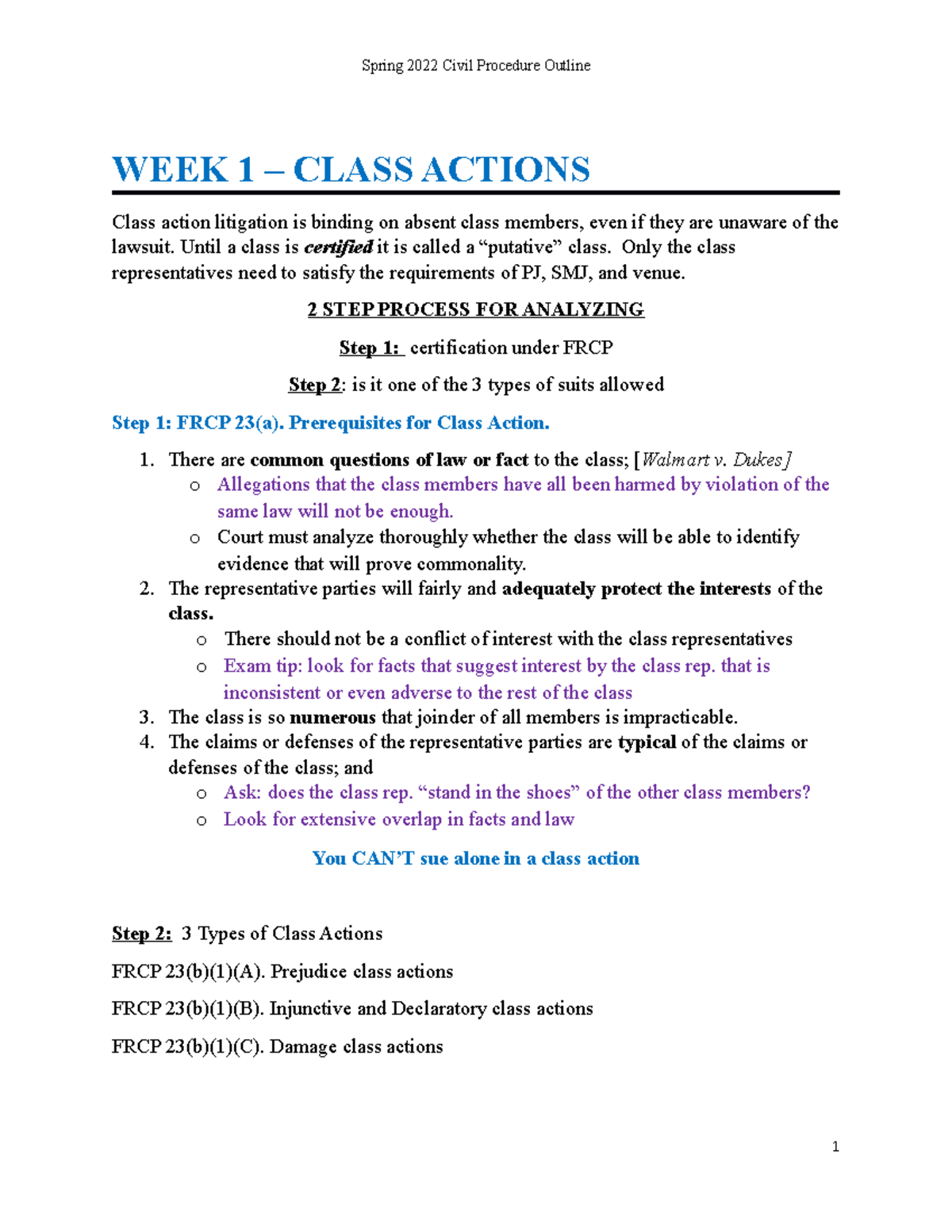 Spring 2022 - Civil Procedure Outline - WEEK 1 – CLASS ACTIONS Class ...