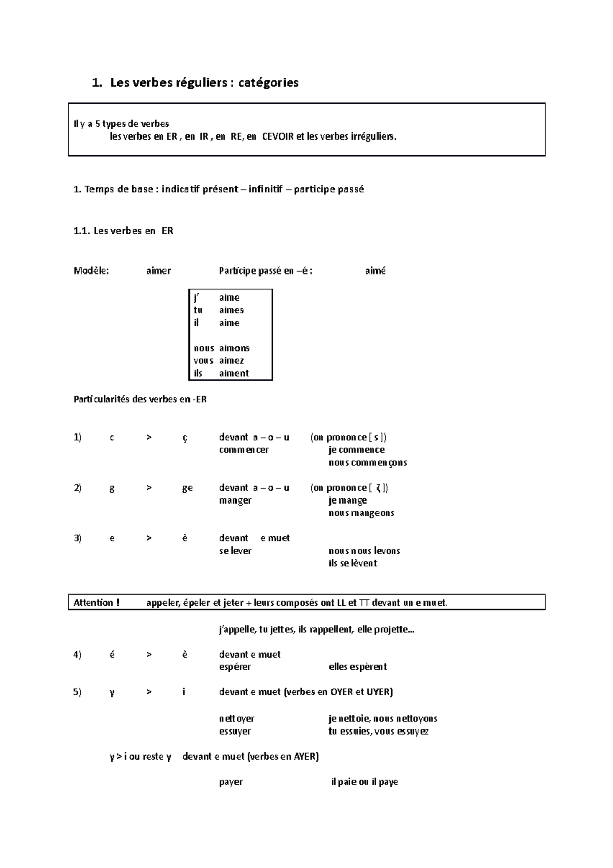 Catégories verbes réguliers - 1. Les verbes réguliers : catégories Il y ...