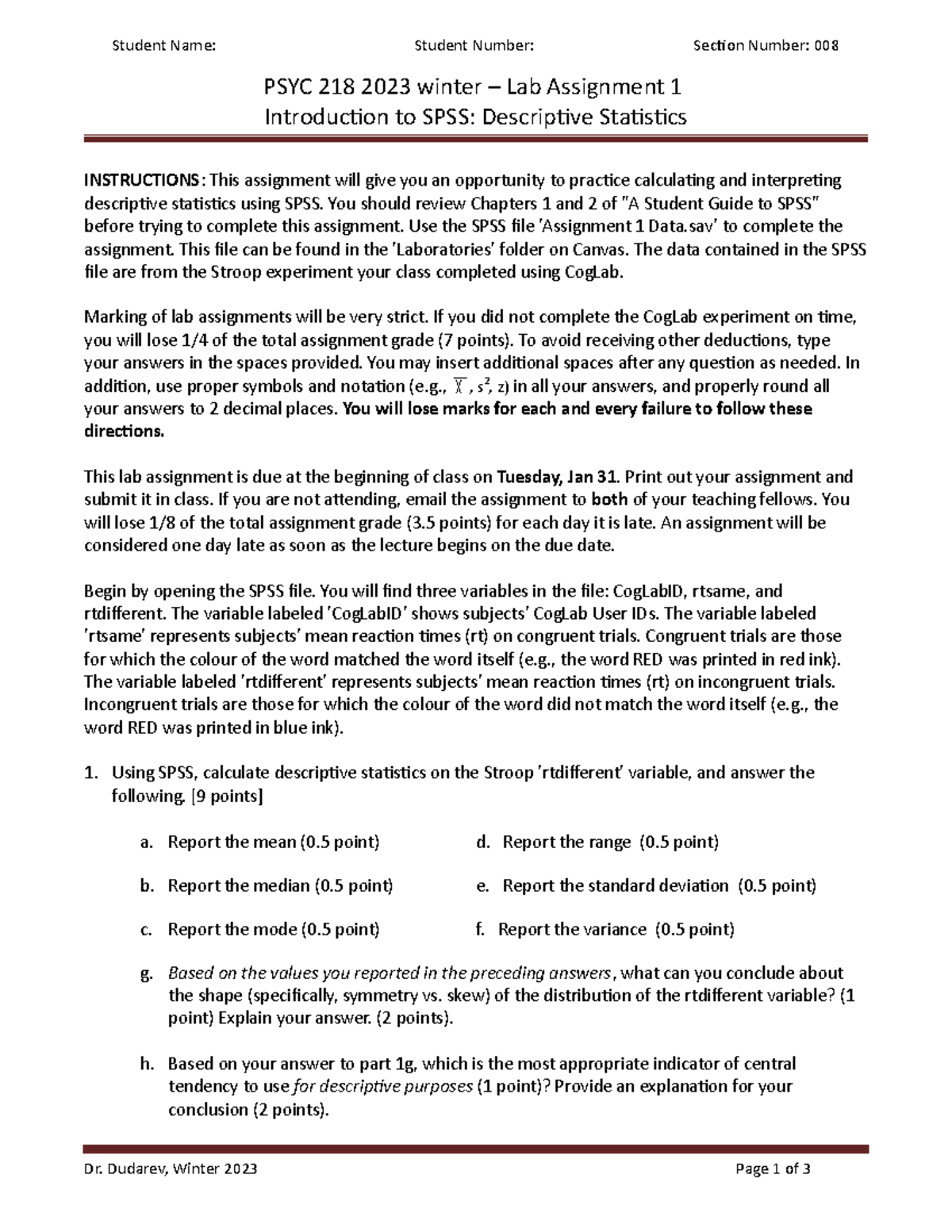 PSYC 218 008 - Assignment 1 - Student Name: Student Number: Section Number: 008 PSYC 218 2023 ...