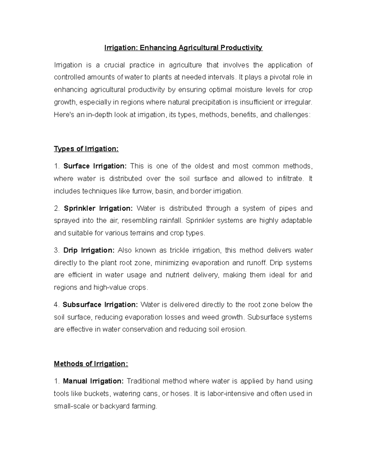 Irrigation - It plays a pivotal role in enhancing agricultural ...