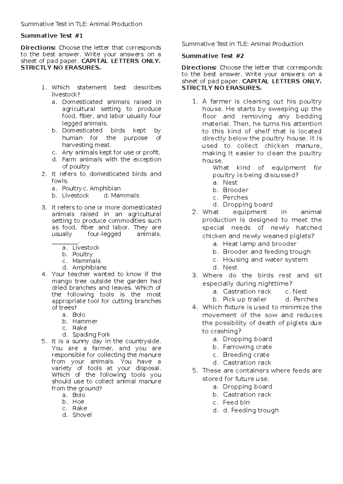 Summative Test in TLE - Write your answers on a sheet of pad paper ...