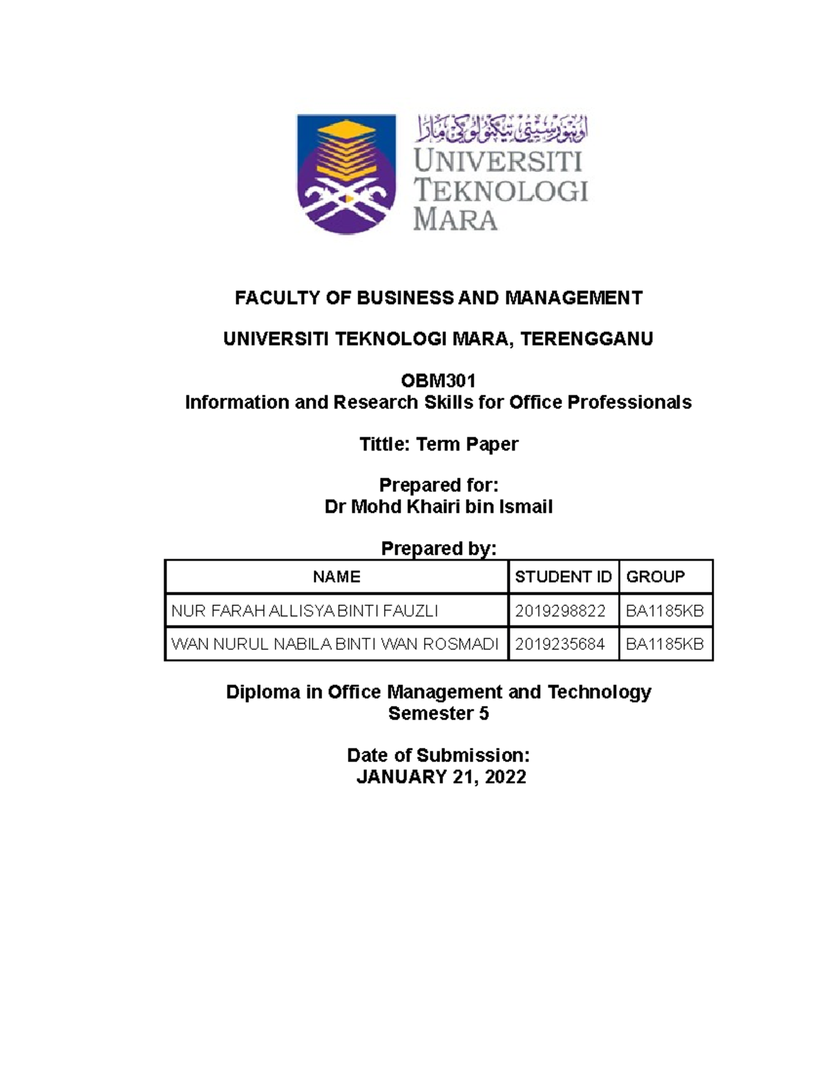 Assignment 3 Term Paper - FACULTY OF BUSINESS AND MANAGEMENT UNIVERSITI ...