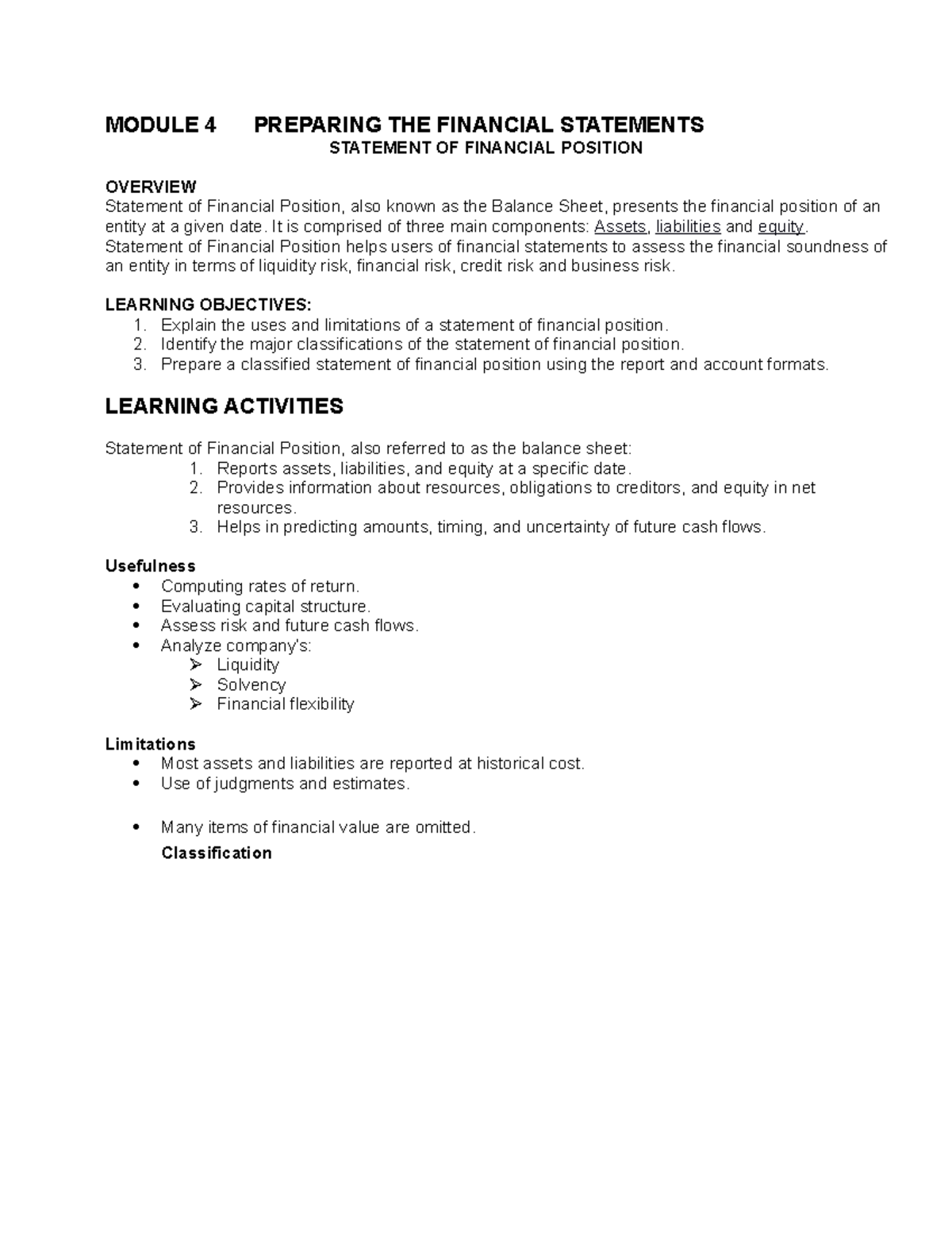Module 4 Statement OF Financial Position - MODULE 4 PREPARING THE ...