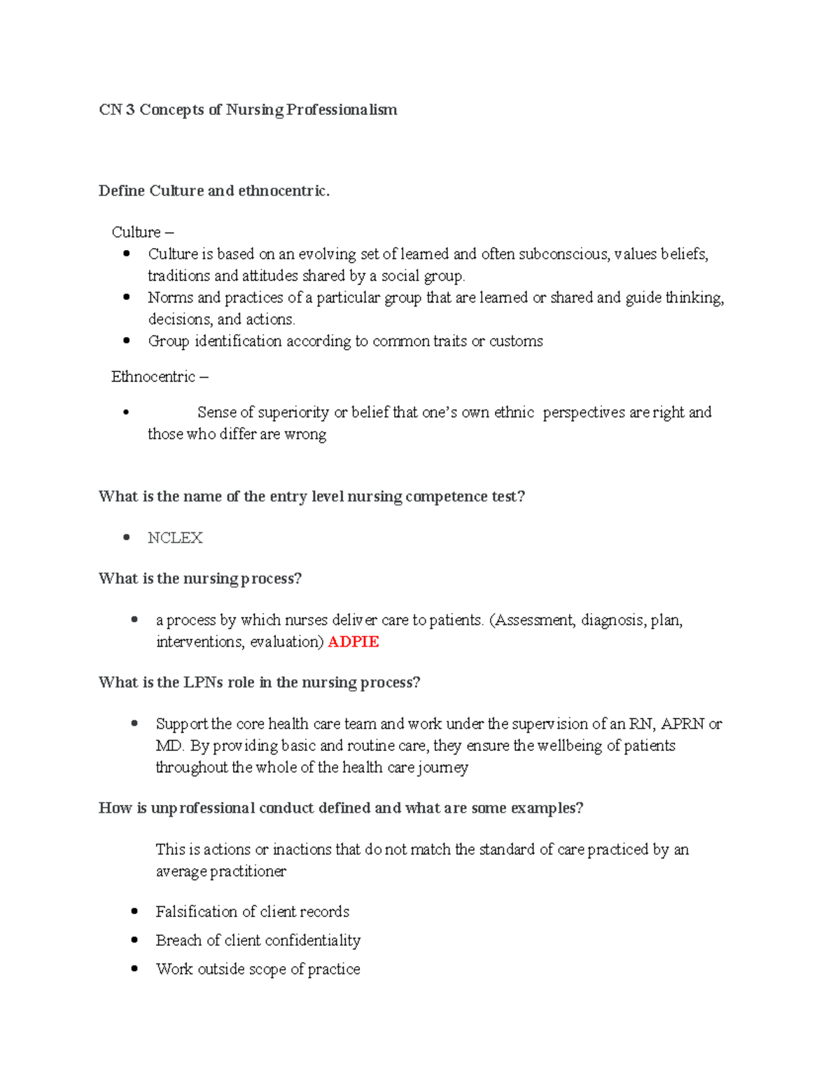 CN 3 and 4 - Nursing Study guide - CN 3 Concepts of Nursing ...
