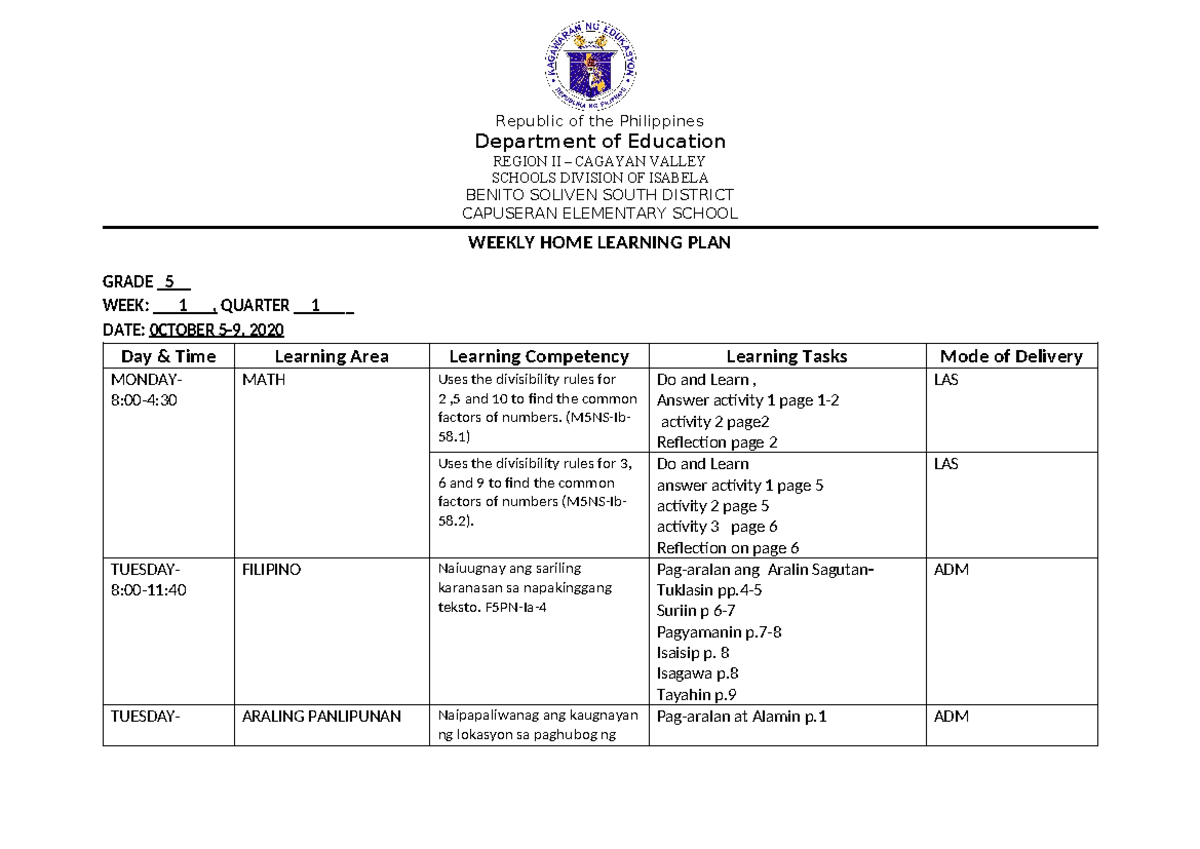 Weekly Home Learning Plan roma - Republic of the Philippines Department ...