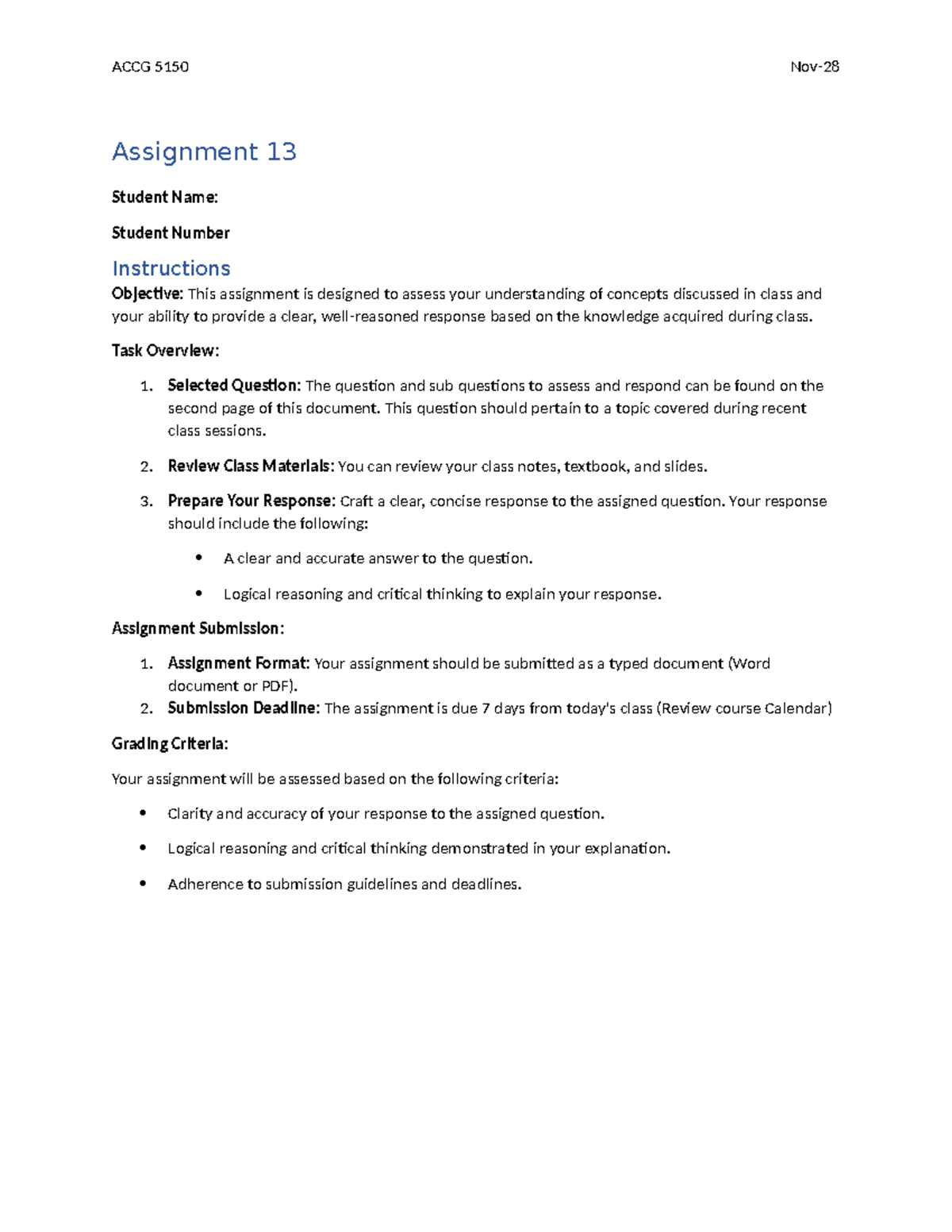 Assignment 13 - ch13 - Assignment 13 Student Name: Student Number Instructions Objective: This ...