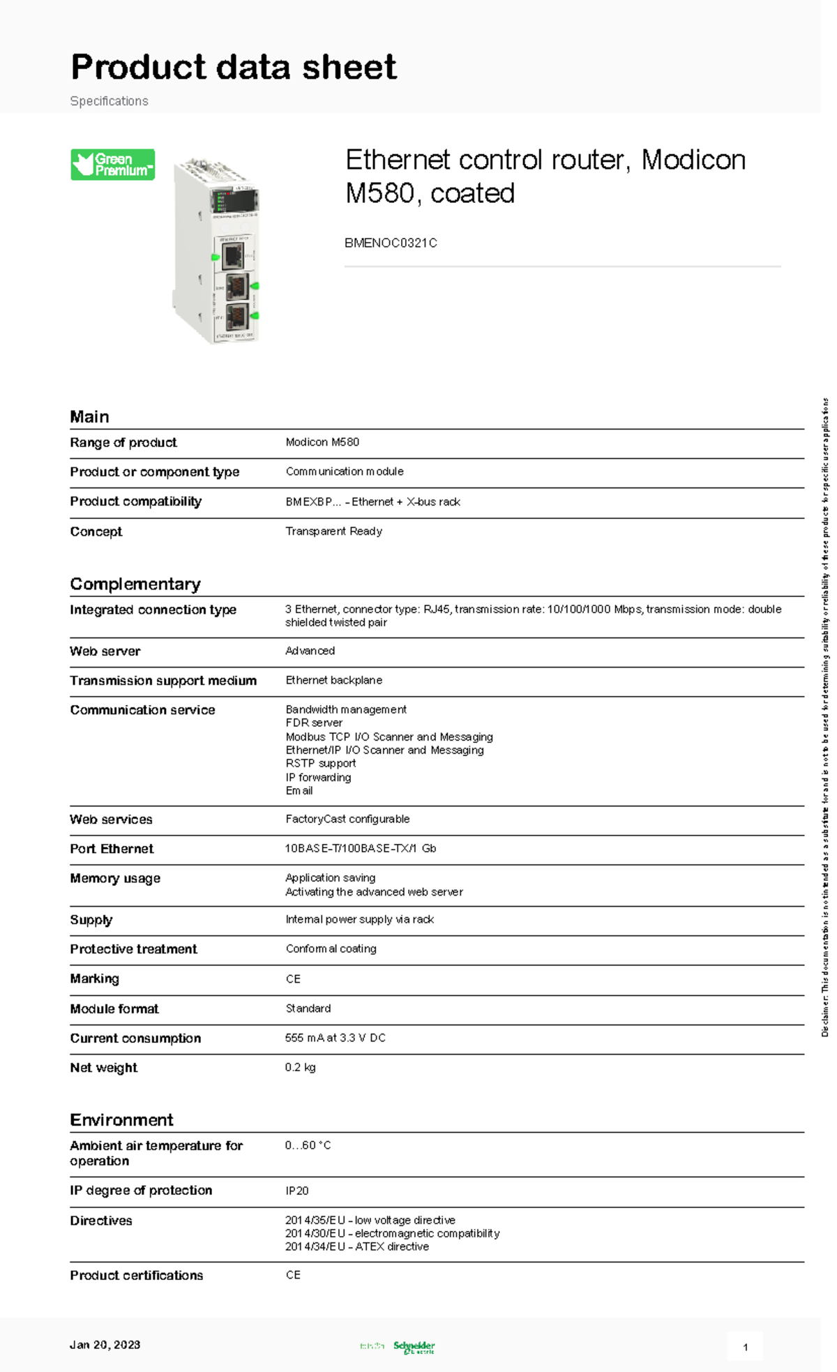 Modicon M580 Bmenoc 0321C - Product data sheet Specifications Ethernet control router, Modicon ...