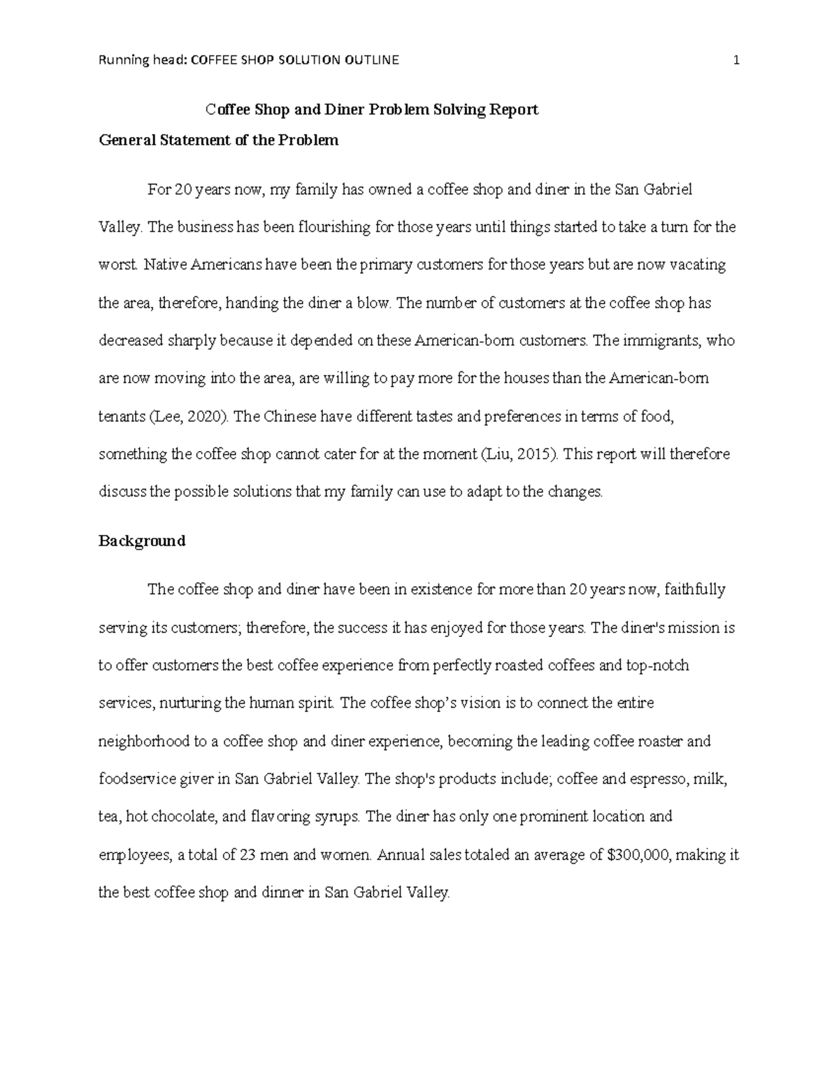 Coffee Shop and Diner Problem Solving - The business has been ...