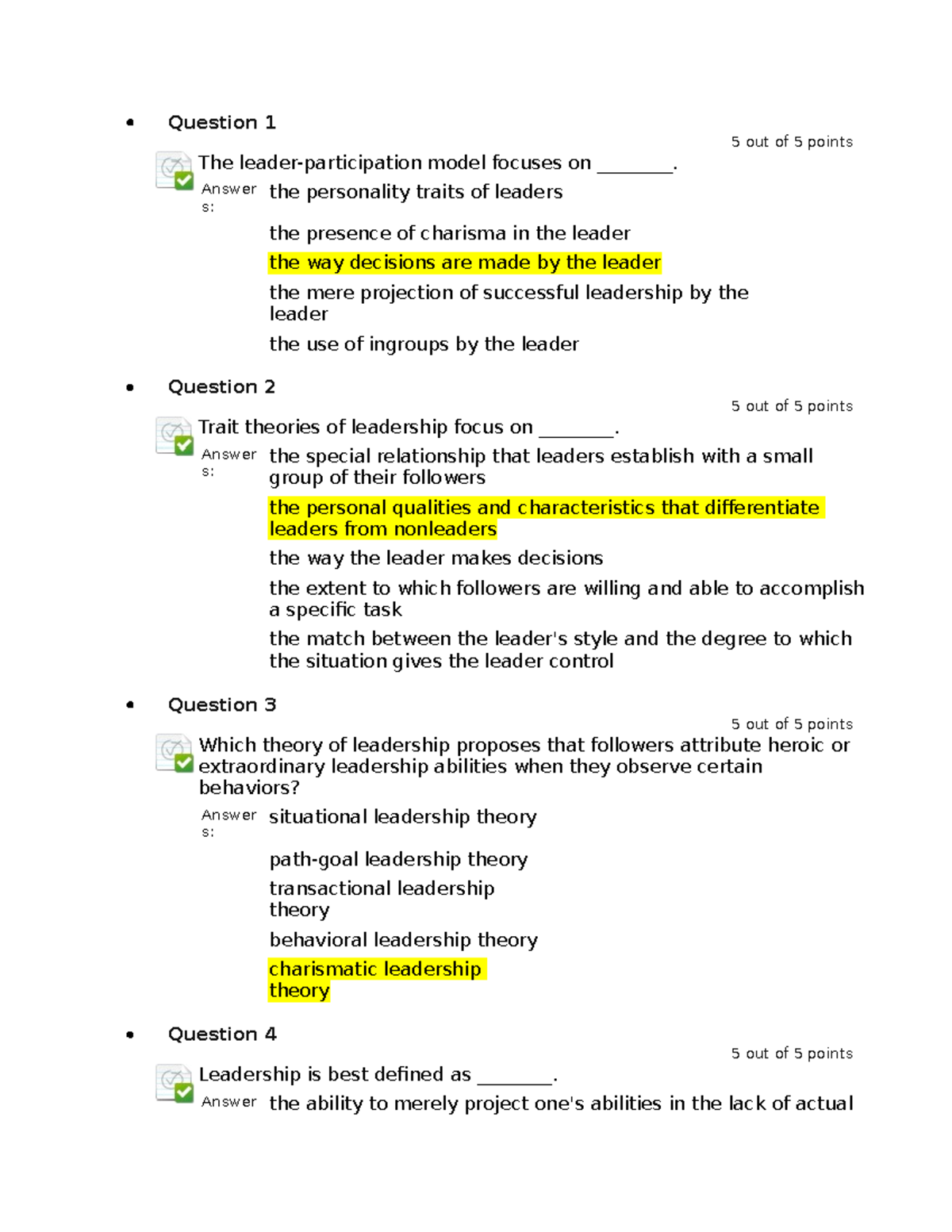 OB quiz 11 - quiz - Question 1 5 out of 5 points The leader ...
