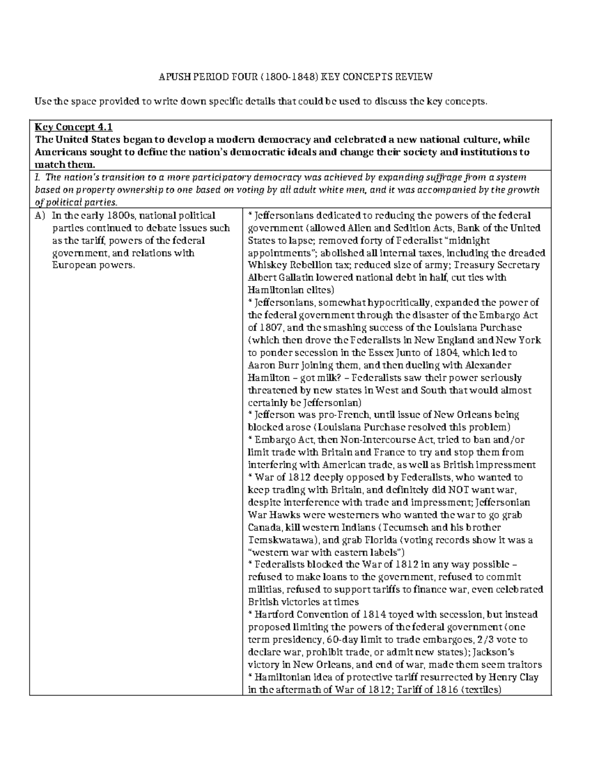 Period four key concept framework filled in - APUSH PERIOD FOUR (1800 ...
