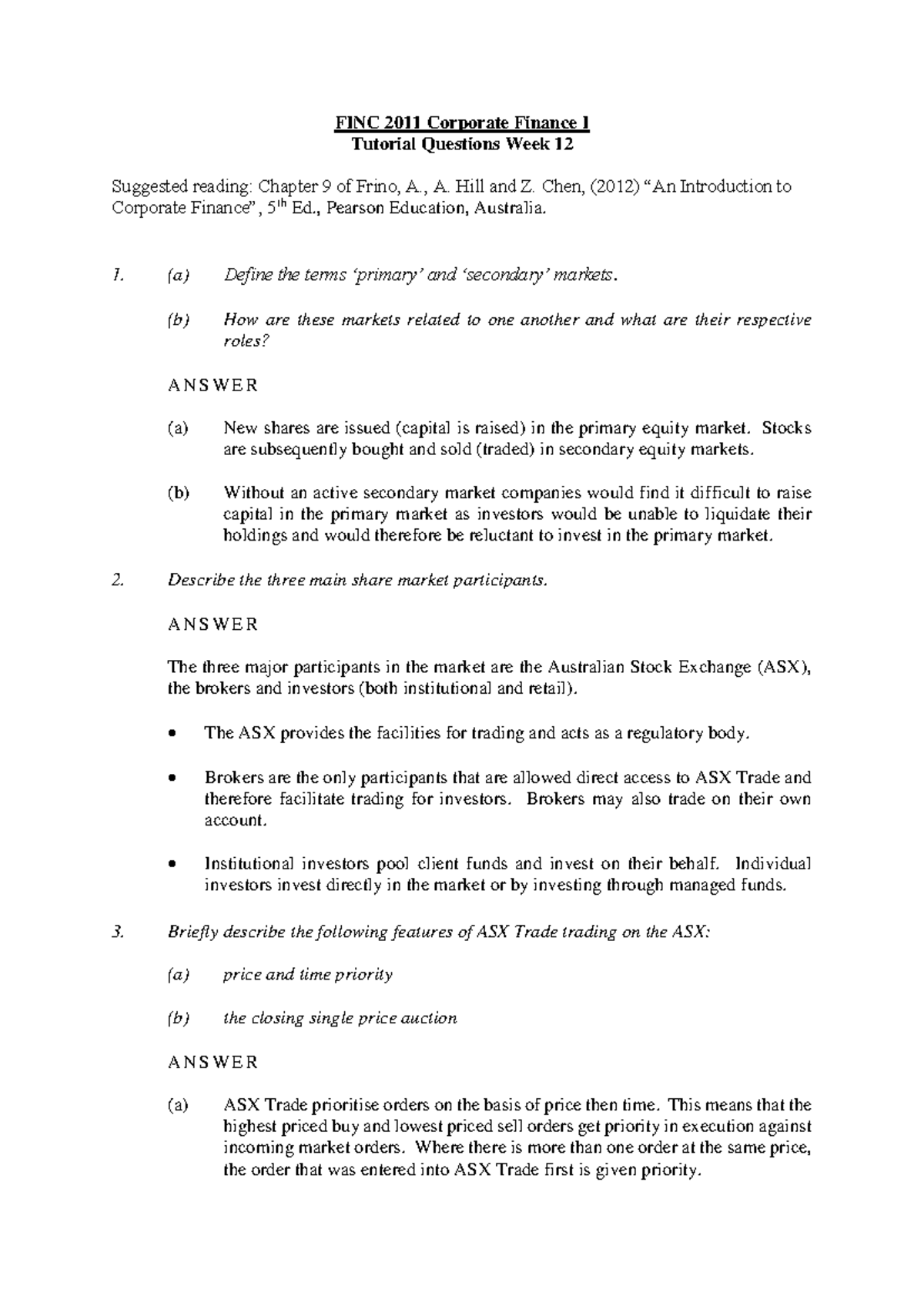 FINC2011 Tutorial Solutions Week 12 - FINC 2011 Corporate Finance I ...