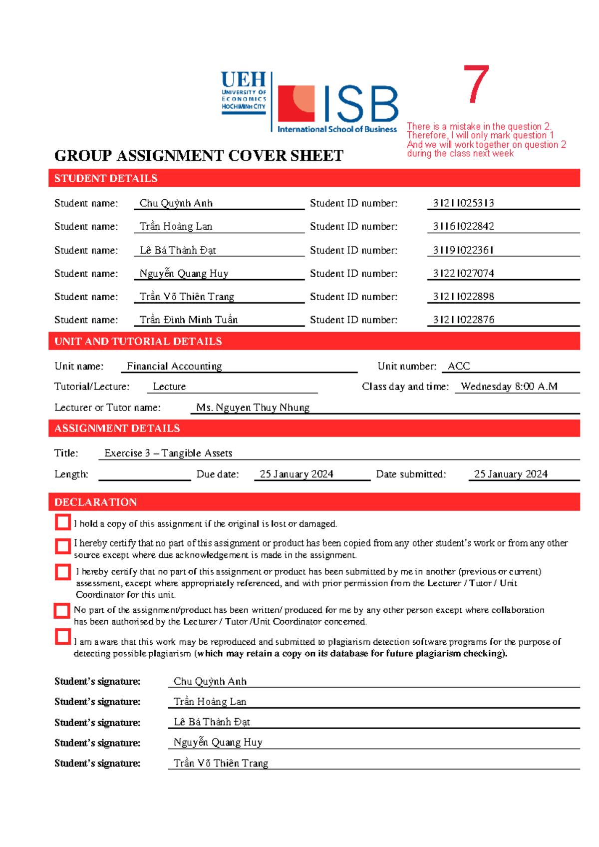 FA Group 5 E3 - GROUP ASSIGNMENT COVER SHEET STUDENT DETAILS Student name: Chu Quỳ nh Anh ...