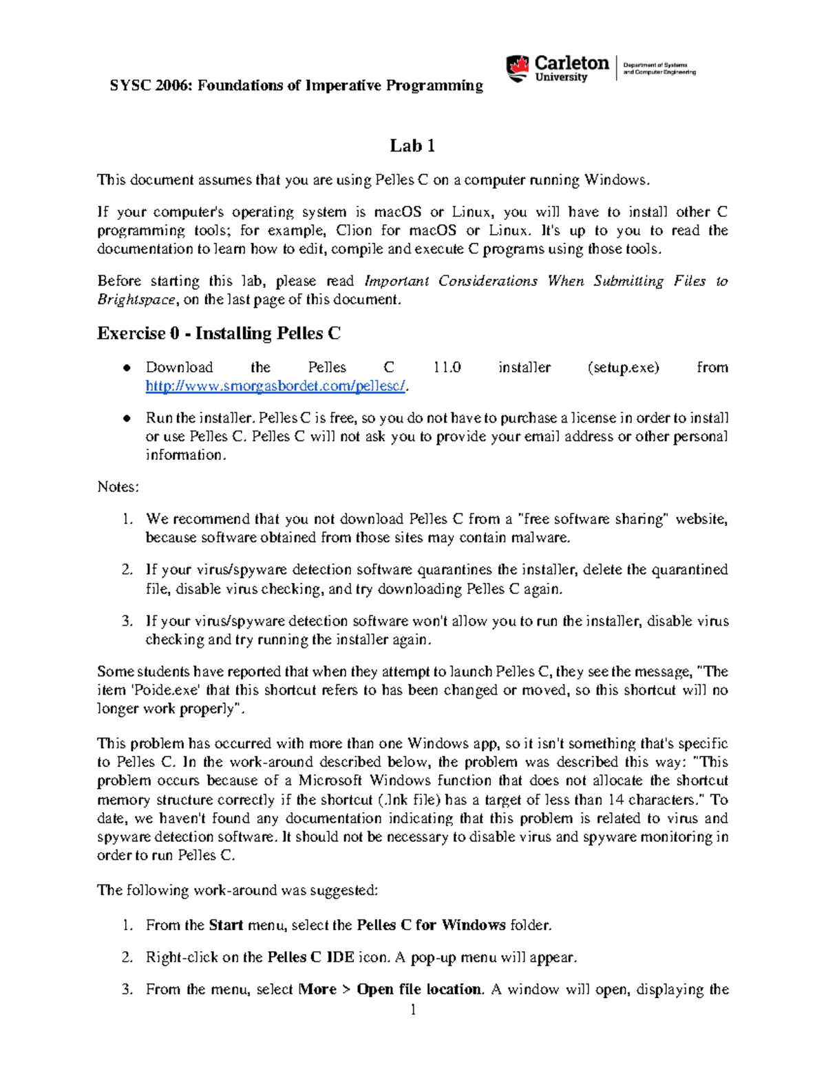 F22 SYSC2006 Lab1 - lab 1 - Lab 1 This document assumes that you are using Pelles C on a ...