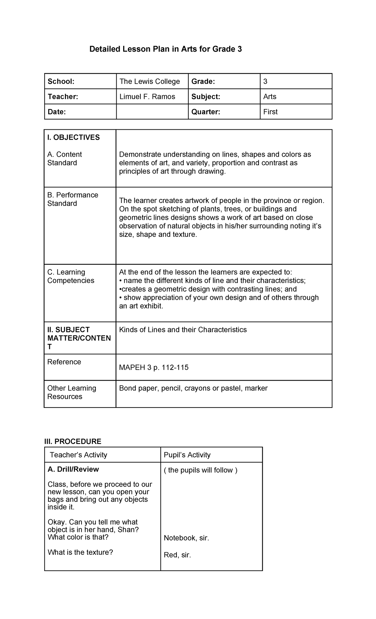 Lessonplaninarts - secret - Detailed Lesson Plan in Arts for Grade 3 ...