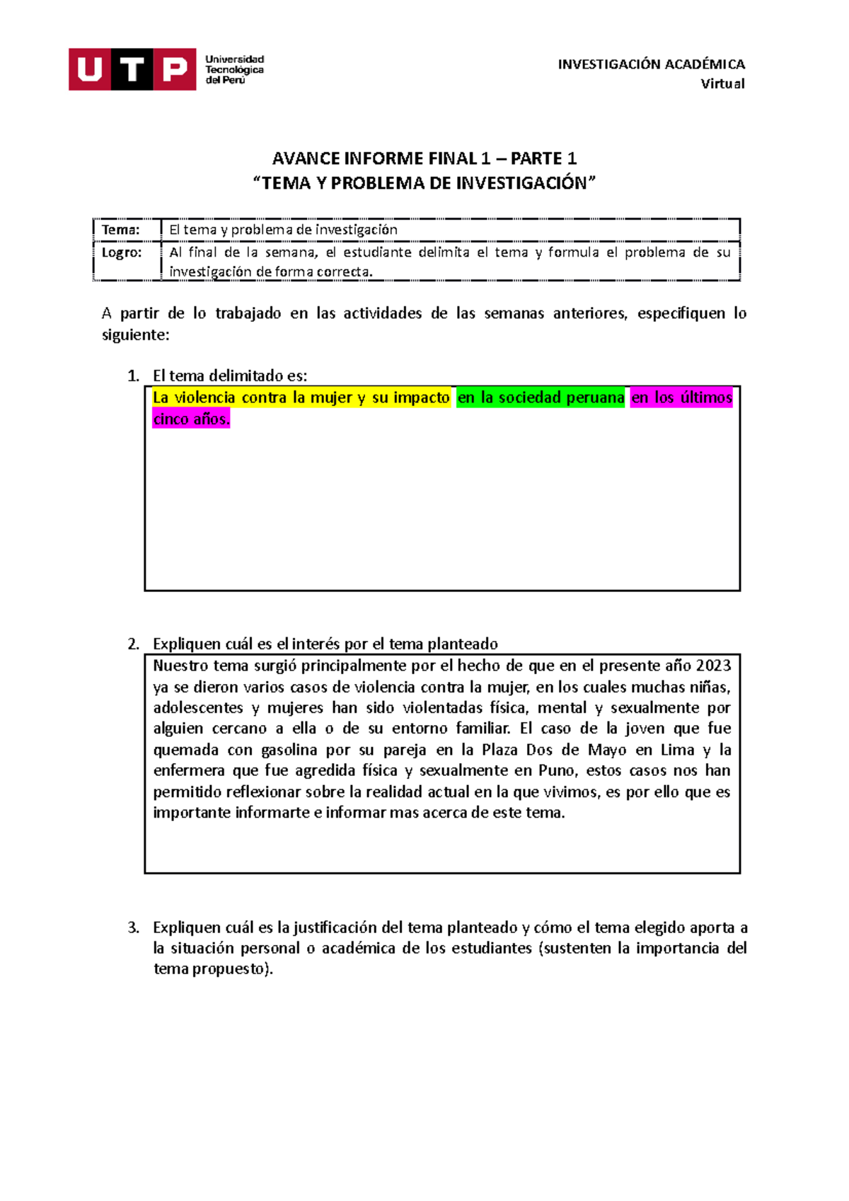 Semana 03-Formato Avance de Informe Final 1 - Parte 1 Tema y problema de investigación ...
