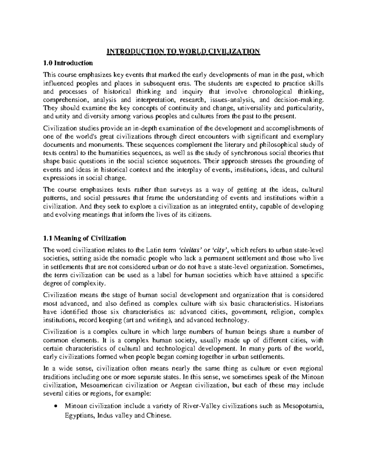 HIS 1207-1 Notes - INTRODUCTION TO WORLD CIVILIZATION 1 Introduction ...