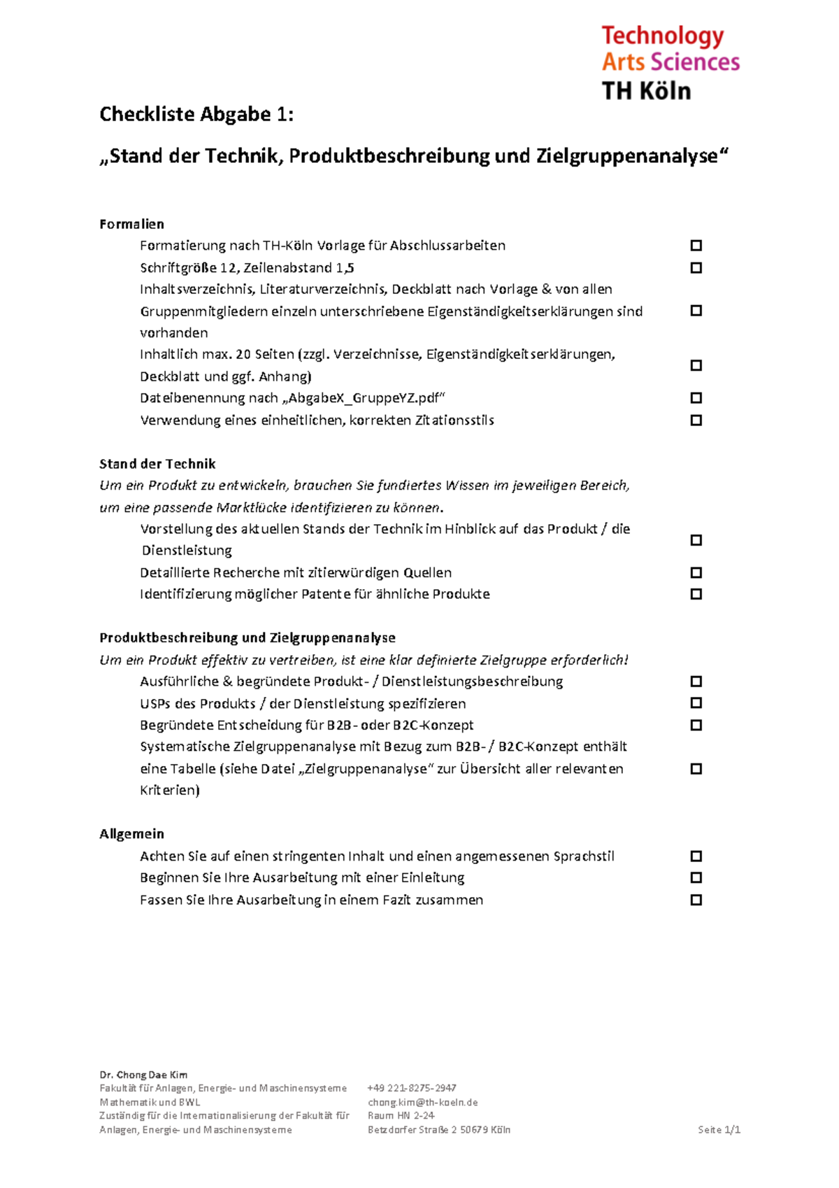 Checkliste 1. Abgabe - Mitschriften aus der Vl - Dr. Chong Dae Kim Fakultät für Anlagen, Energie ...