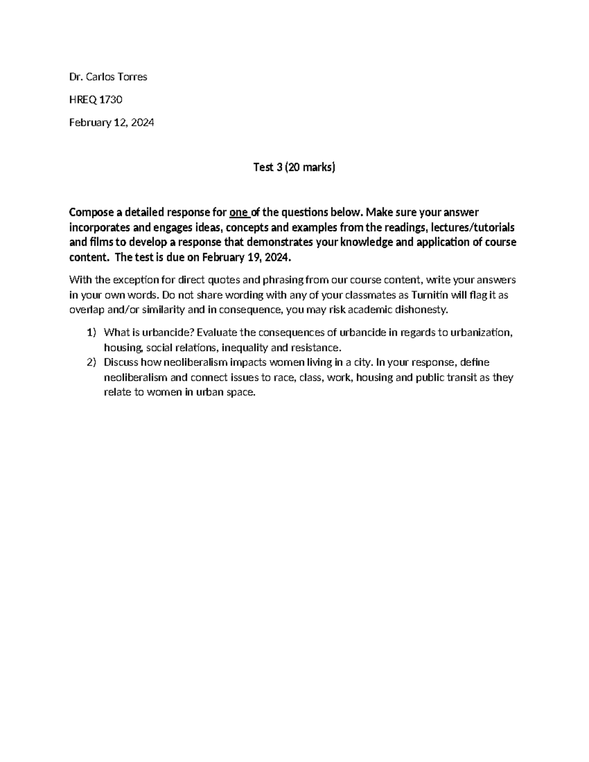 Test 3 - Test 3 notes - Dr. Carlos Torres HREQ 1730 February 12, 2024 ...