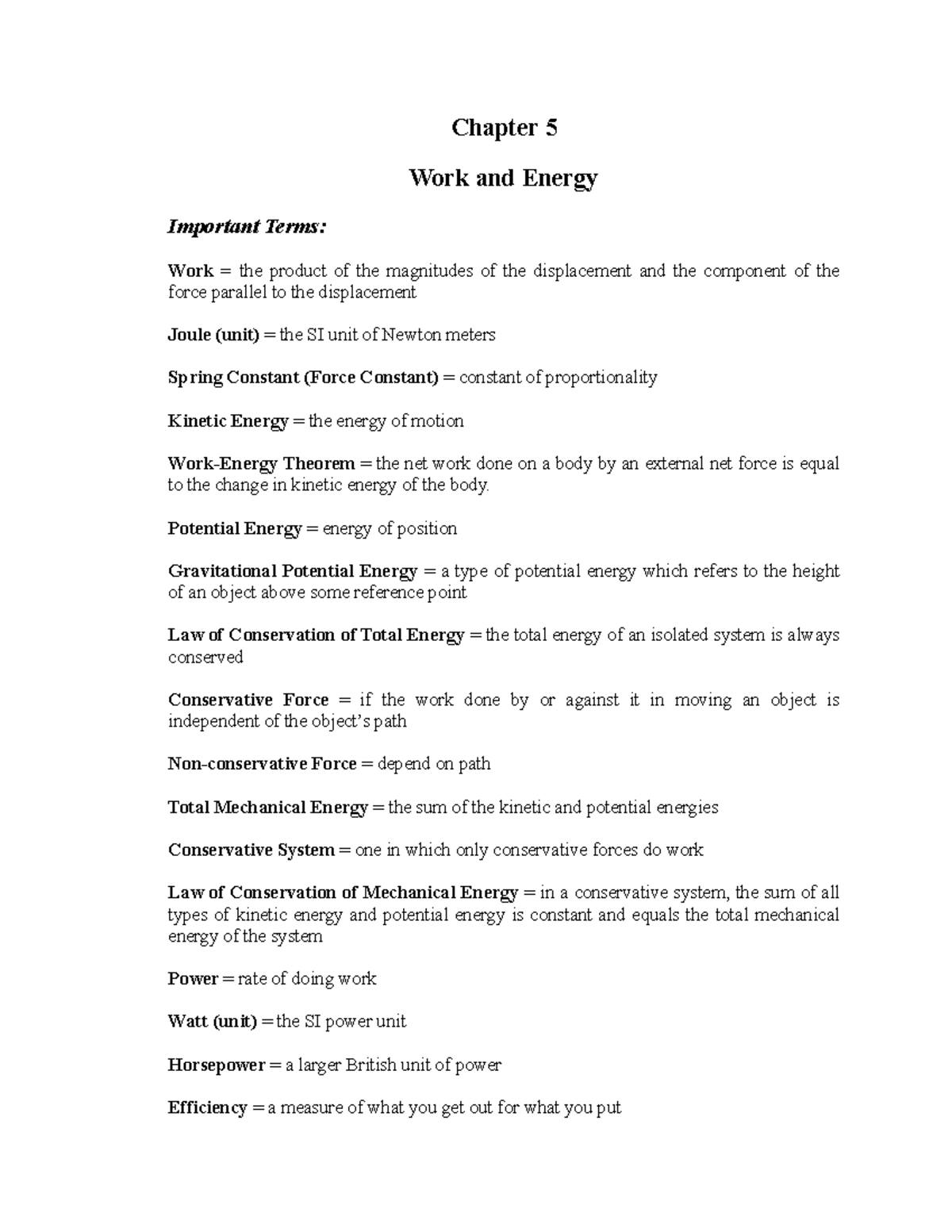 Lesson 5 Work and Energy - Chapter 5 Work and Energy Important Terms ...
