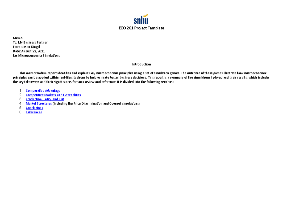 ECO 201 Final project - ECO 201 Project Template Memo To: My Business ...