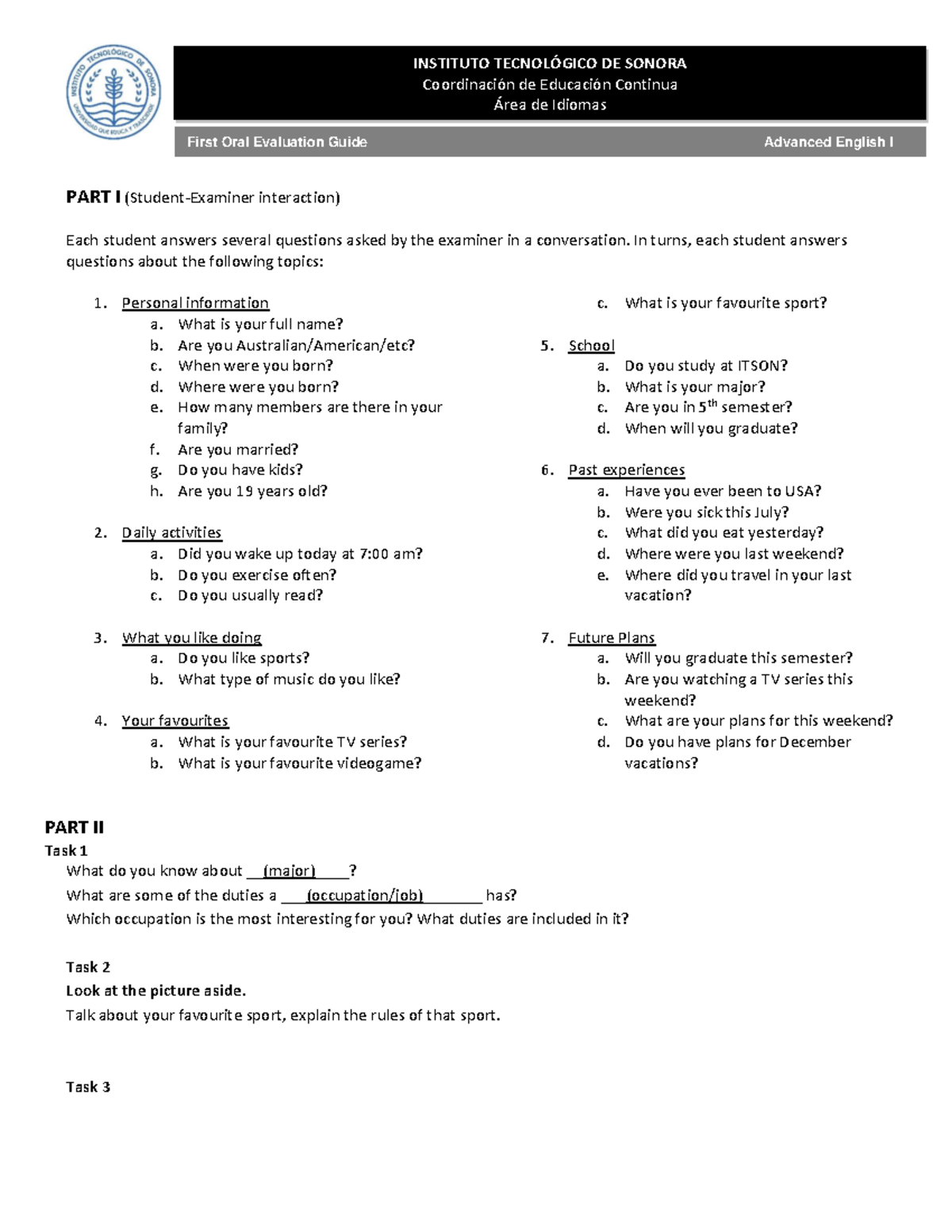 Oral Guide P1 Eng4 - Guía para segundo examen oral - PART I (Student ...
