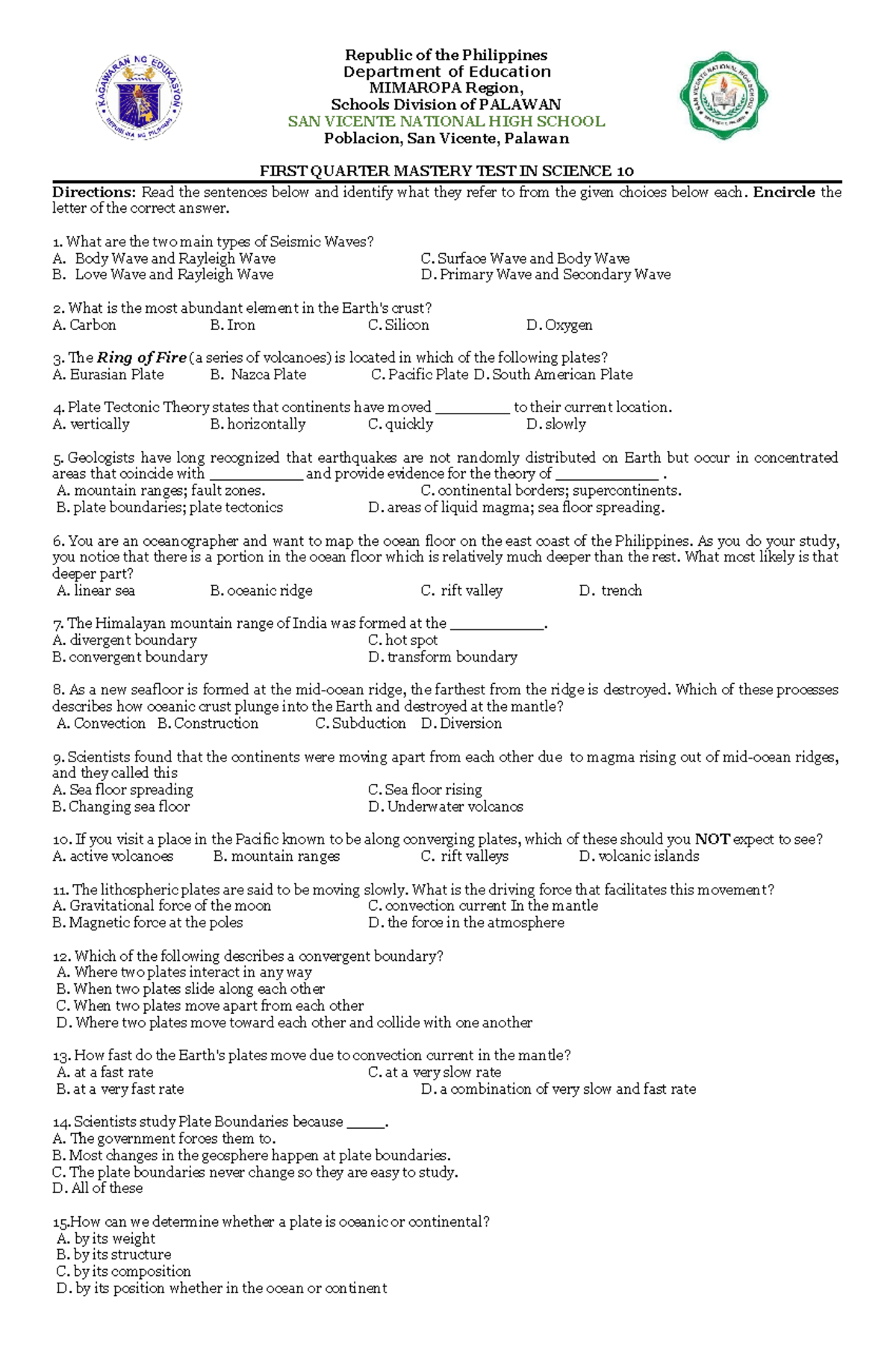 Mastery TEST SCI - Republic of the Philippines Department of Education ...