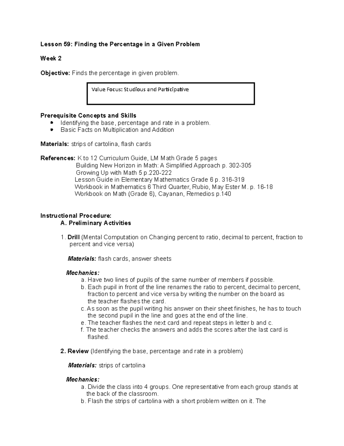 TG MATH 5 Q3 Lesson 59 - Tg-math - Lesson 59: Finding the Percentage in ...