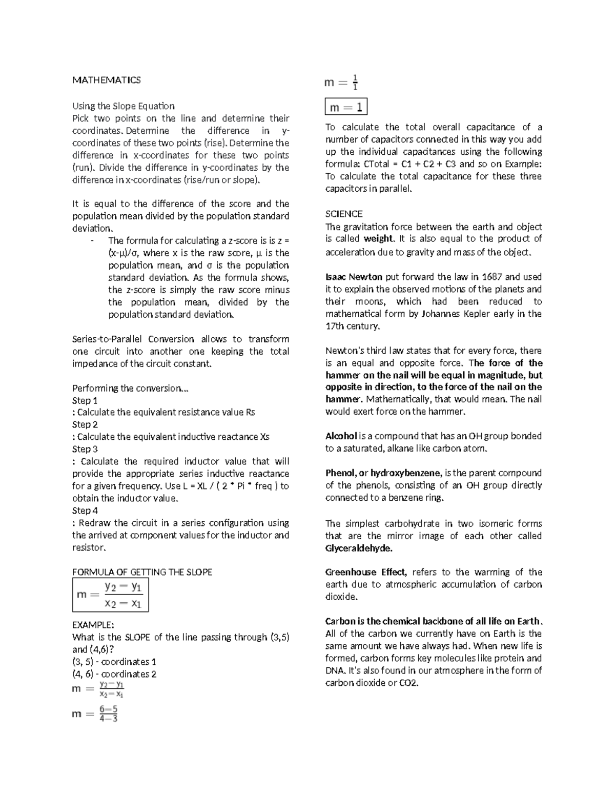 Z-score reviewer - MATHEMATICS Using the Slope Equation Pick two points ...