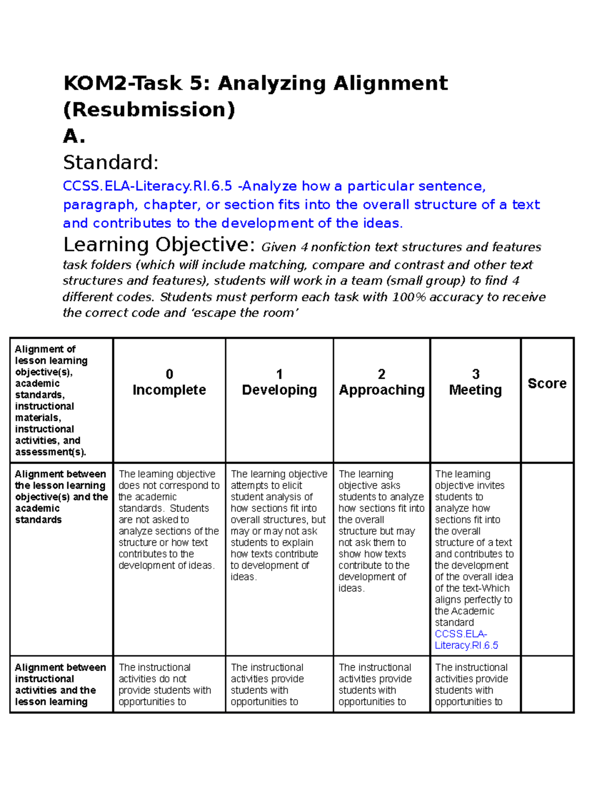 KOM2-Task 5 Analyzing Alignment Resubmission - Standard: CCSS.ELA ...