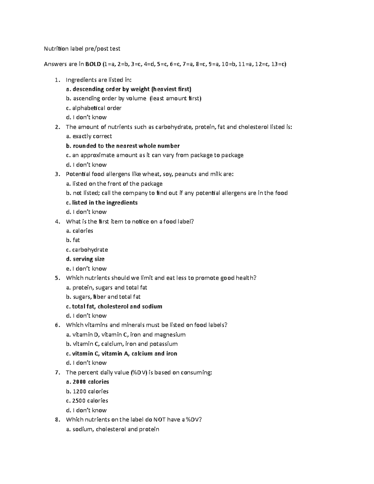 Nursing - Nutrition Label Pre and Post Test - bs nursing - SWU - Studocu