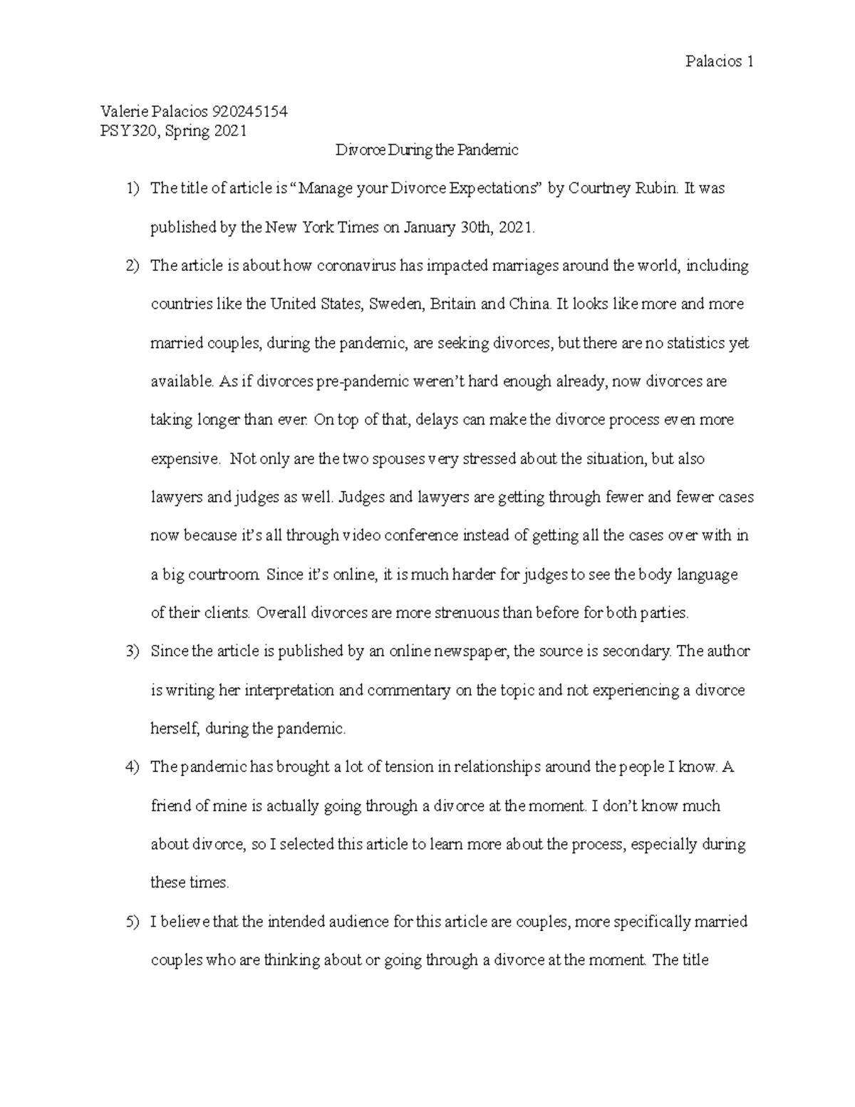 Valerie Palacios. Writing Assignment 2 - Palacios 1 Valerie Palacios ...