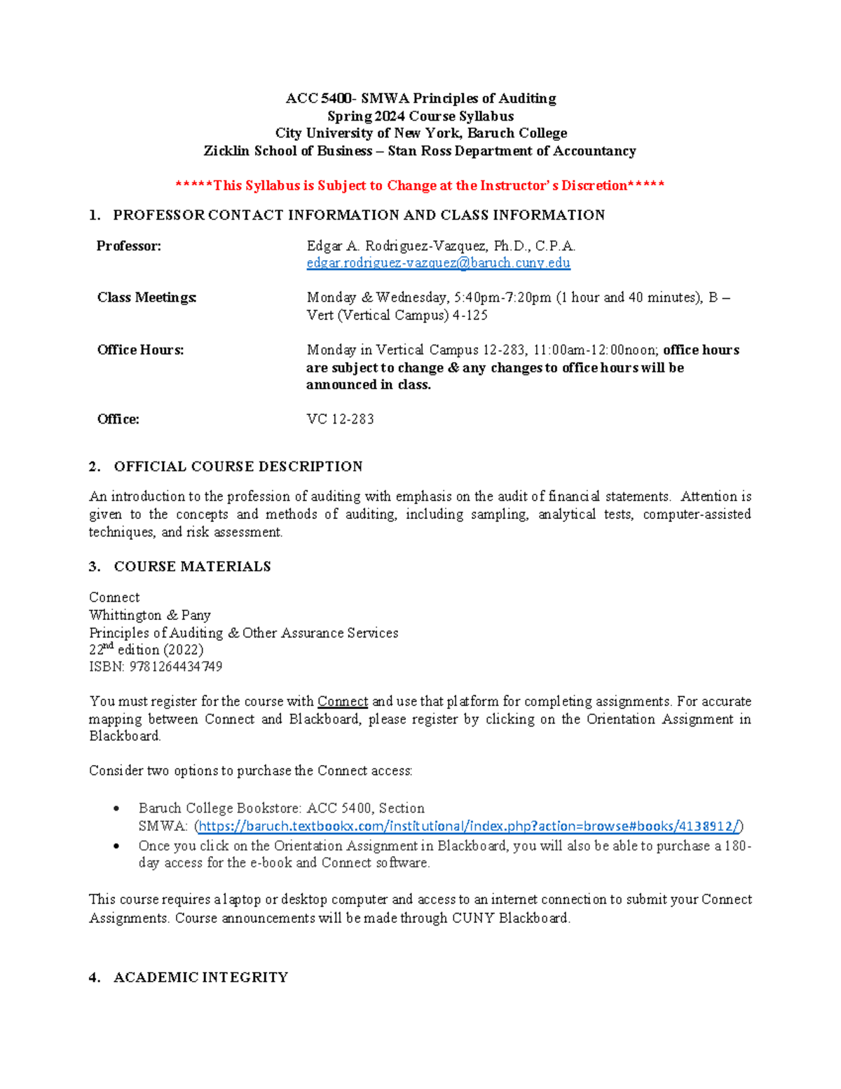 Acc5400Syllabus Spring 2024- SMWA- 5 - ACC 5400- SMWA Principles of Auditing Spring 2024 Course ...