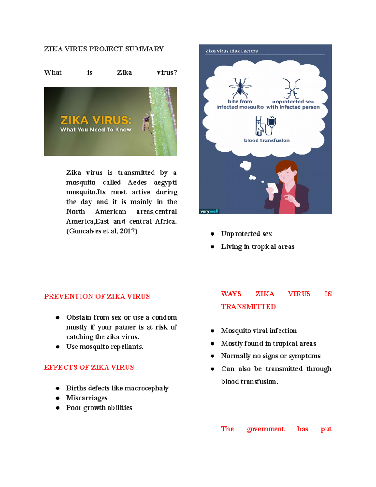ZIKA Virus Brochure - ZIKA VIRUS PROJECT SUMMARY What is Zika virus ...