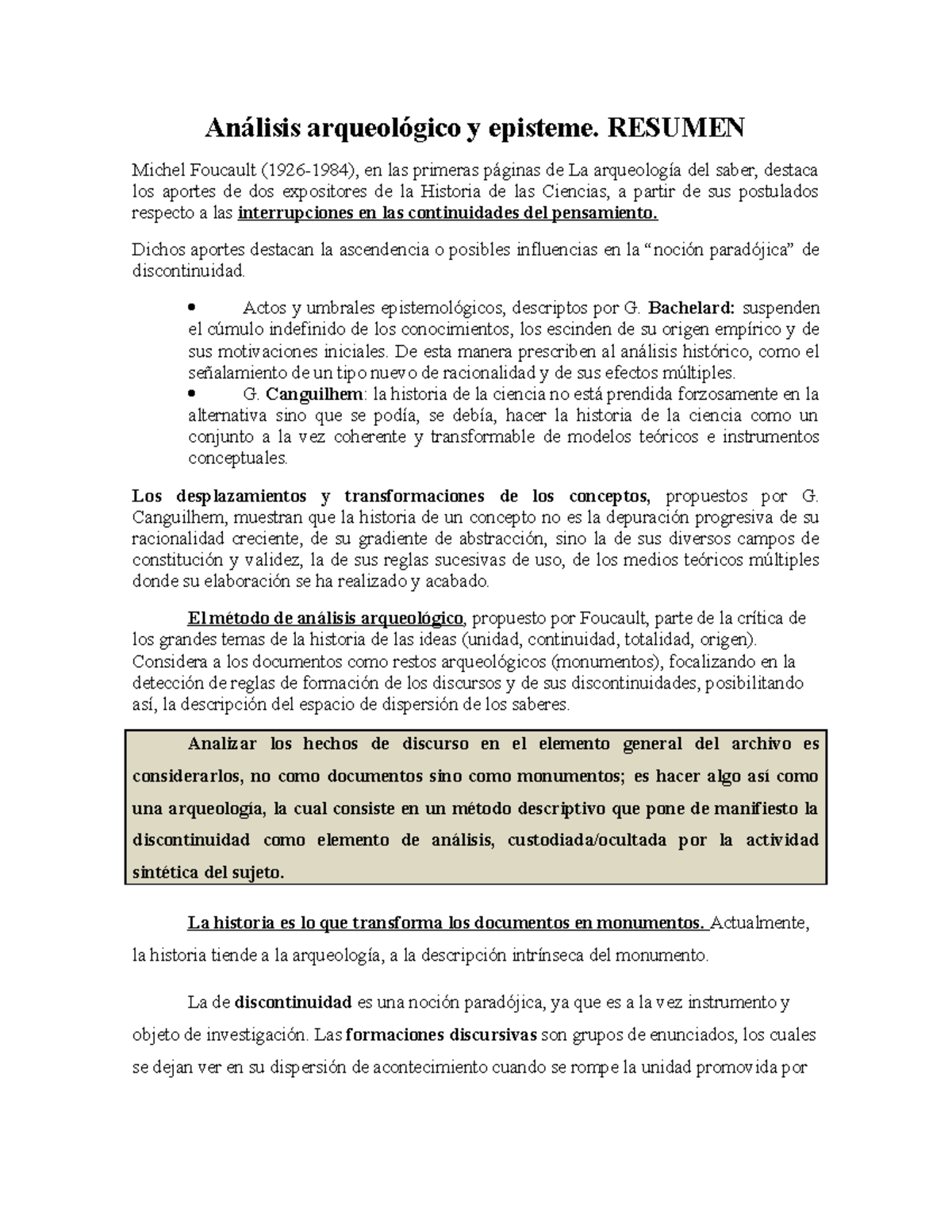 Foucault. Ficha de càtedra Resumen - Análisis arqueológico y episteme ...