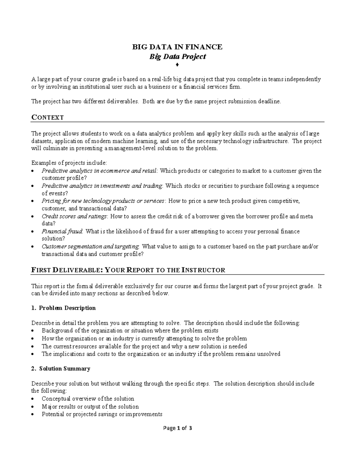 Big Data Project - Page 1 of 3 BIG DATA IN FINANCE Big Data Project ♦ A ...